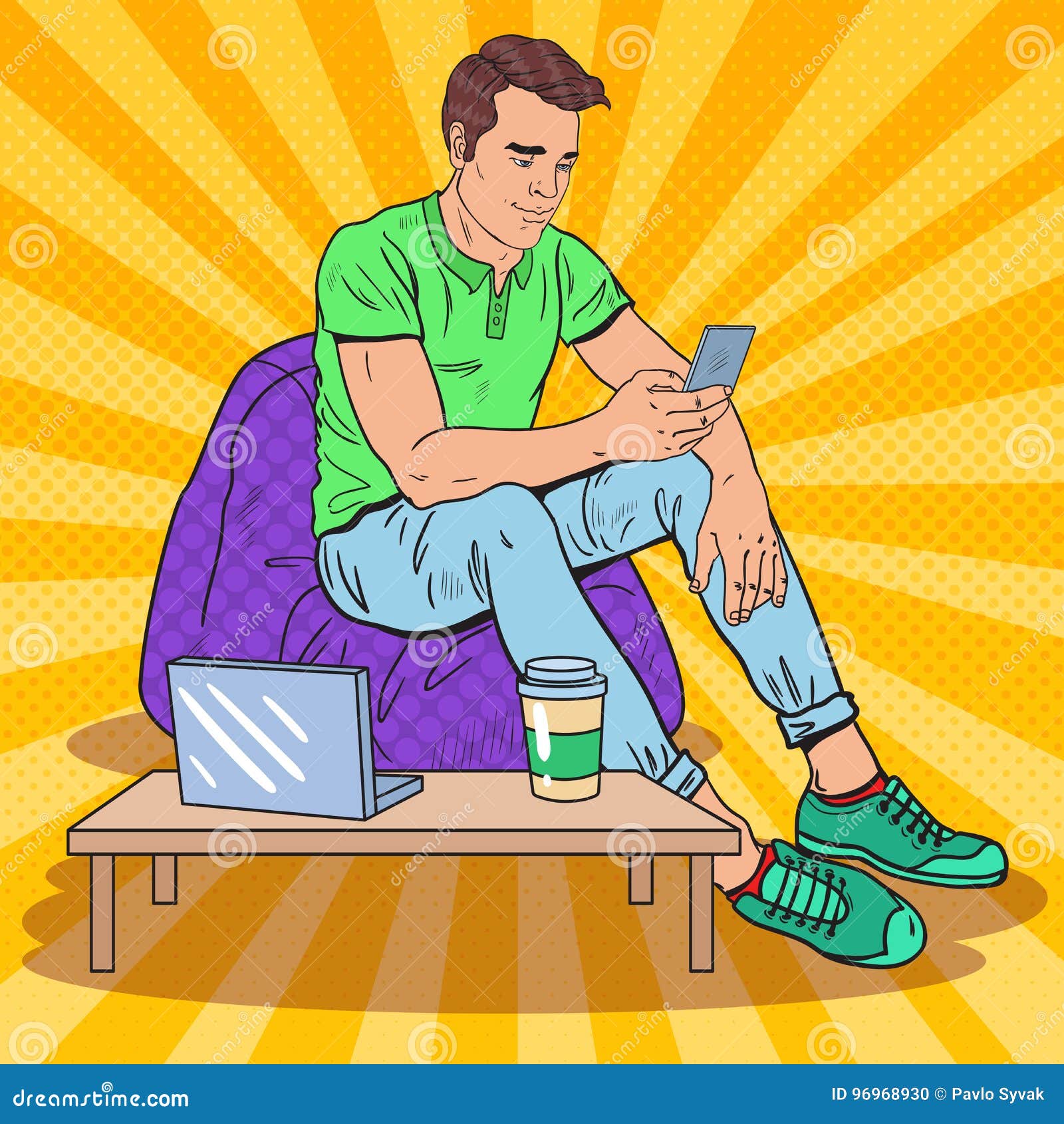 Pop Art Man Texting on Smartphone on Coffee Shop Stock Vector ...