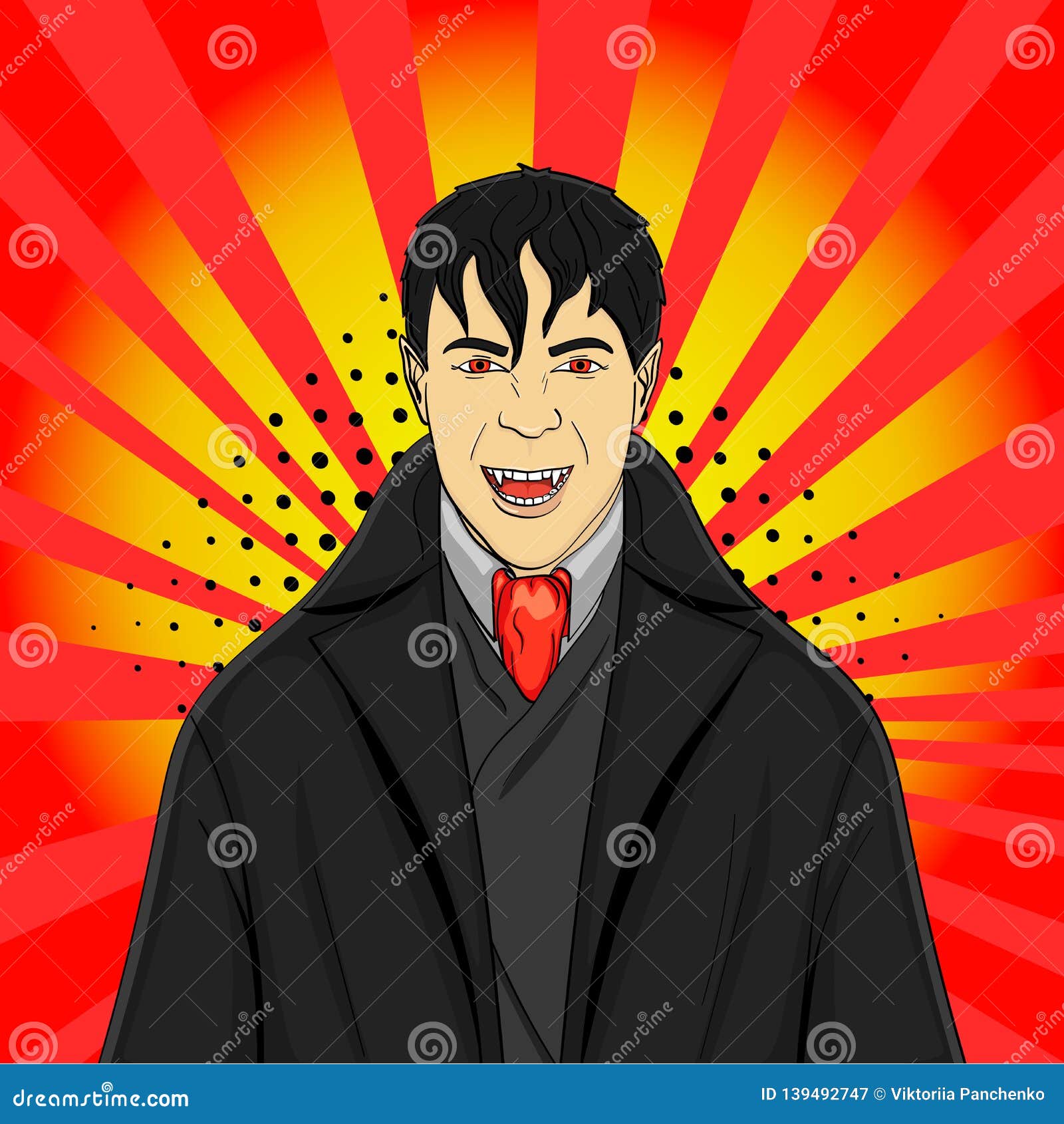 Pop Art Man Vampire In A Suit On A Red Background Imitation Comic Style Raster Stock