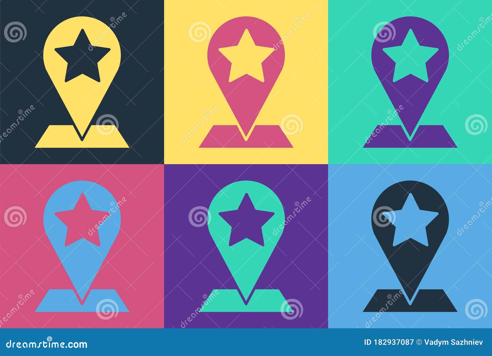 Pop Art Map Pointer with Star Icon Isolated on Color Background. Star ...