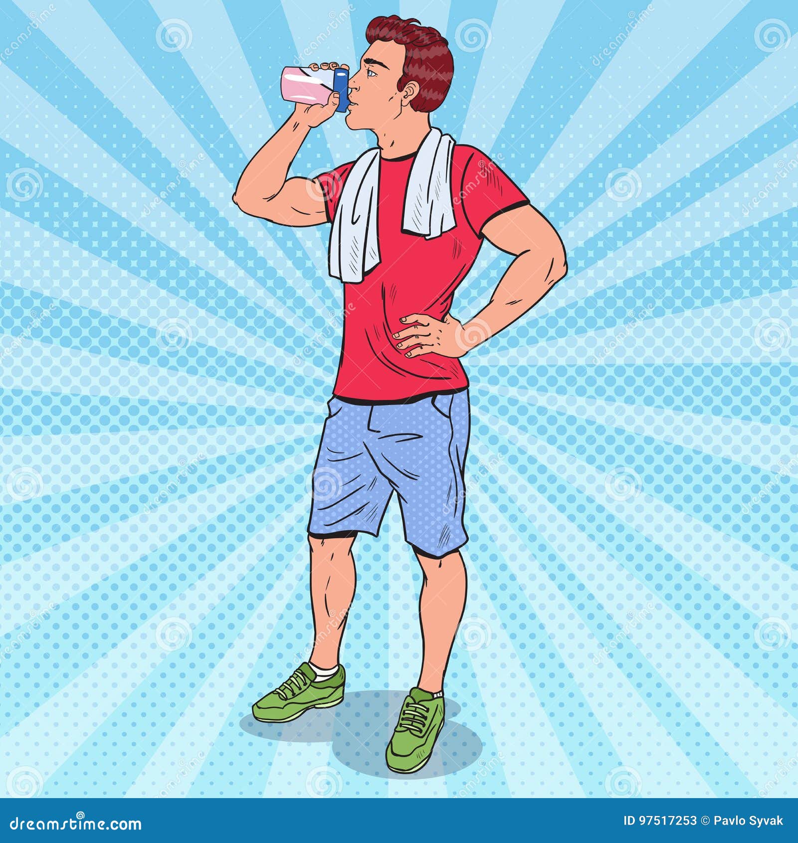 Pop Art Muscular Man Drinking Protein Shake. Nutrition Supplements ...