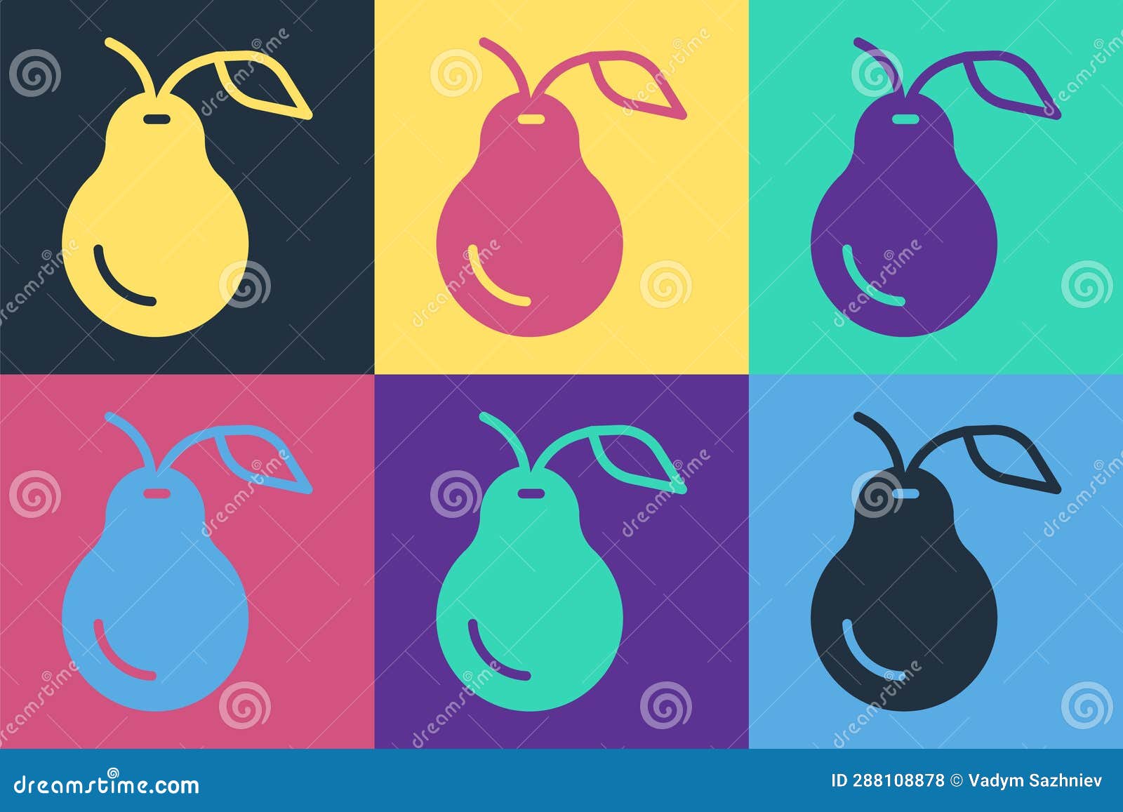 Pop Art Pear Icon Isolated on Color Background. Fruit with Leaf Symbol ...