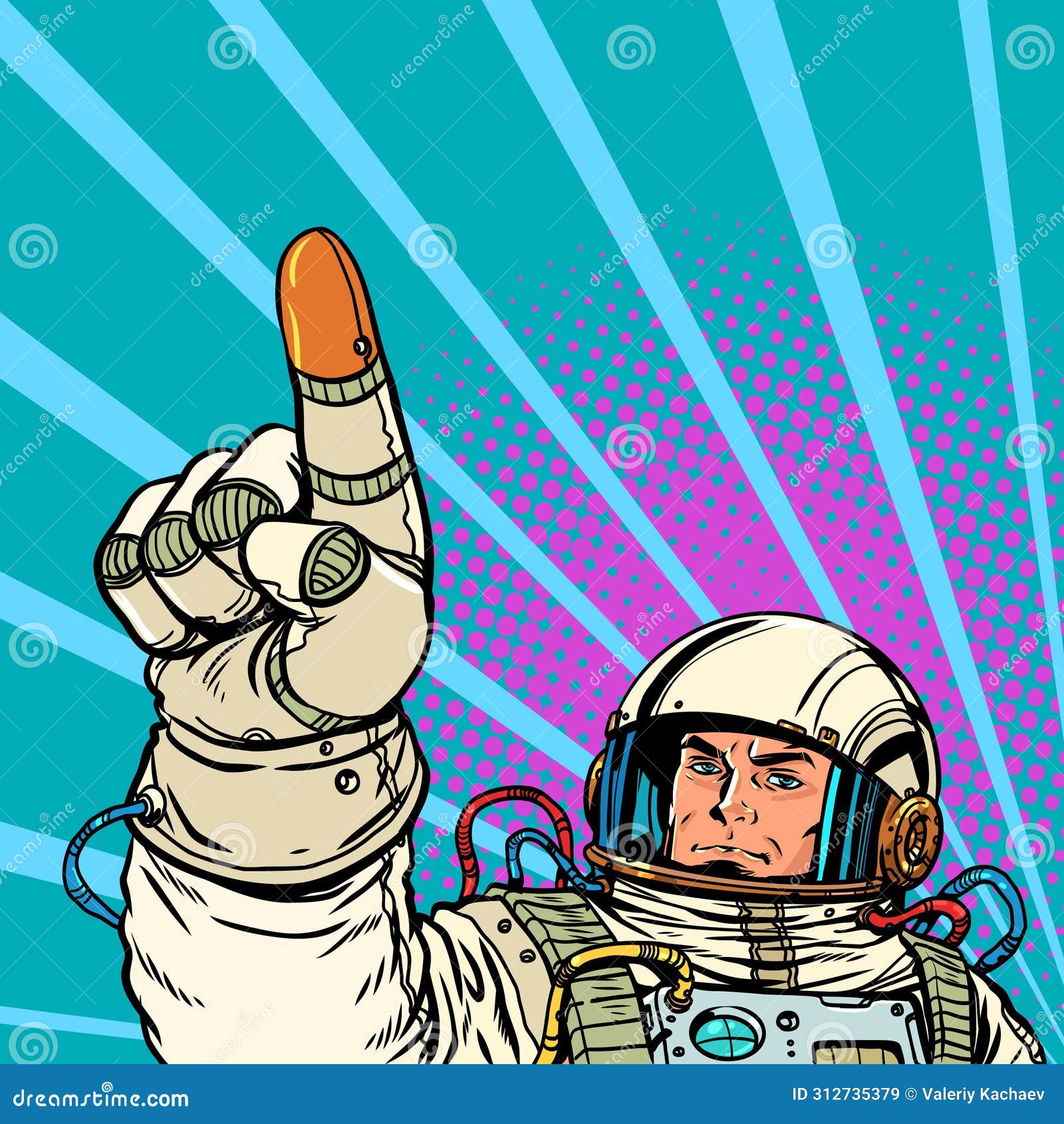 Pop Art Retro the Astronaut Points with His Index Finger. Reaching ...