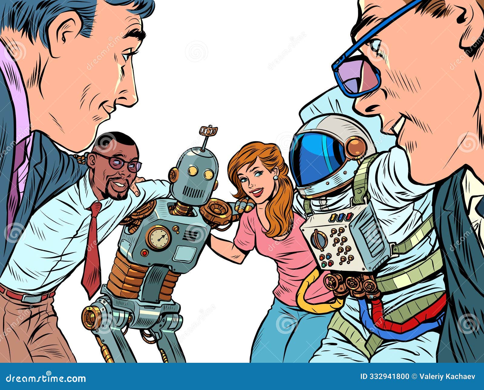 Pop Art Retro Many Workers of Different Professions Hug Together. a ...