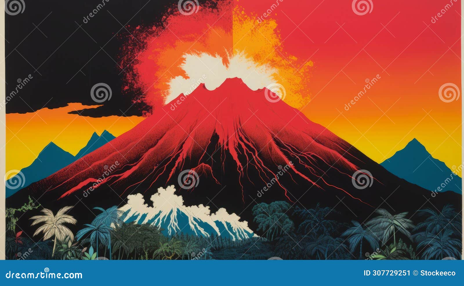 Bold Lithographic Poster of Exploding Volcano in Desert Stock ...