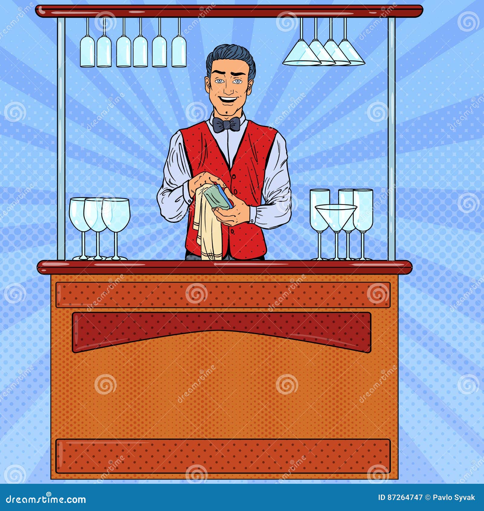 Smiling Bartender Man Character Standing At The Bar Counter Pouring ...