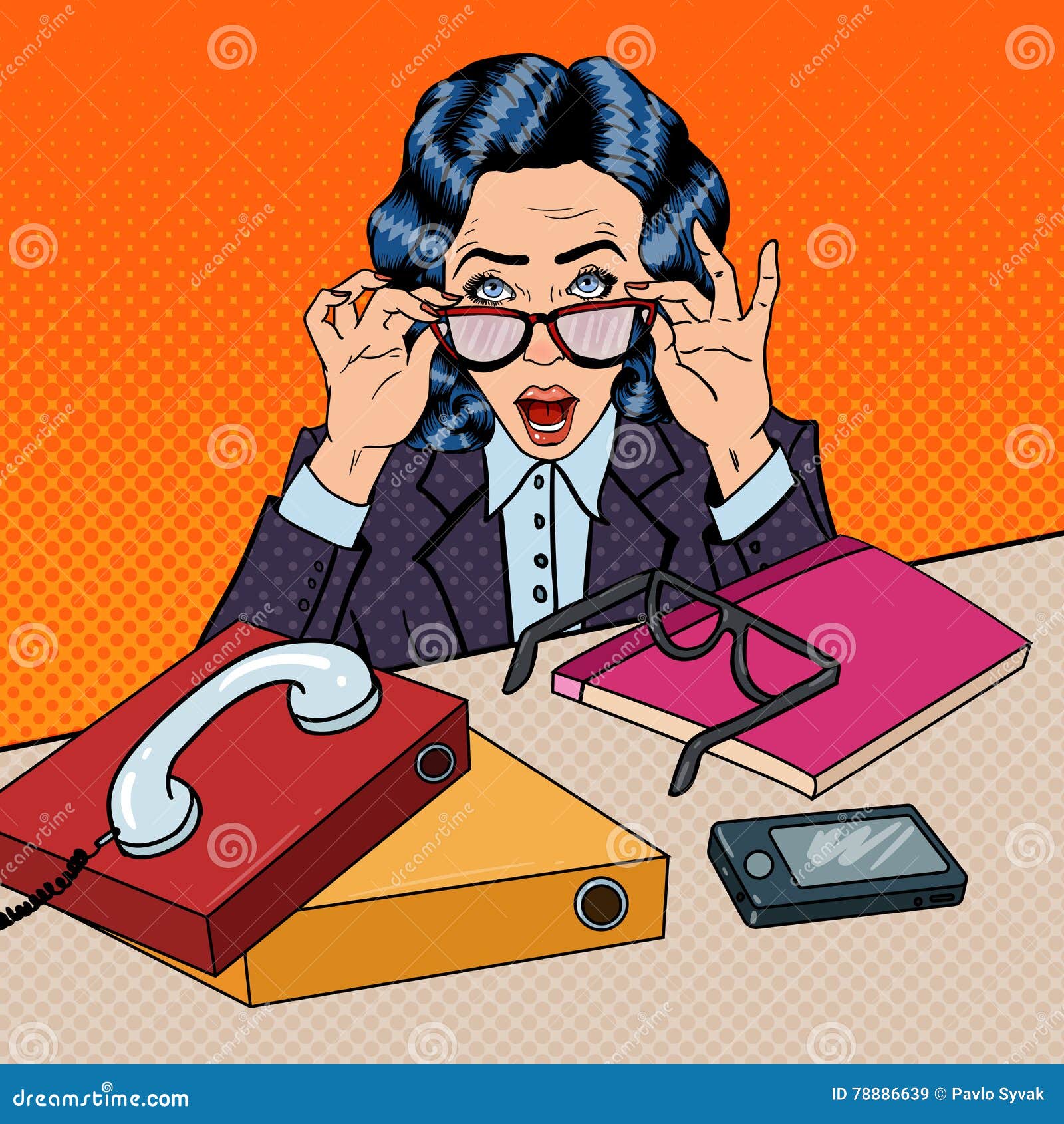 Pop Art Stressed Business Woman at Multi Tasking Office Work Stock ...