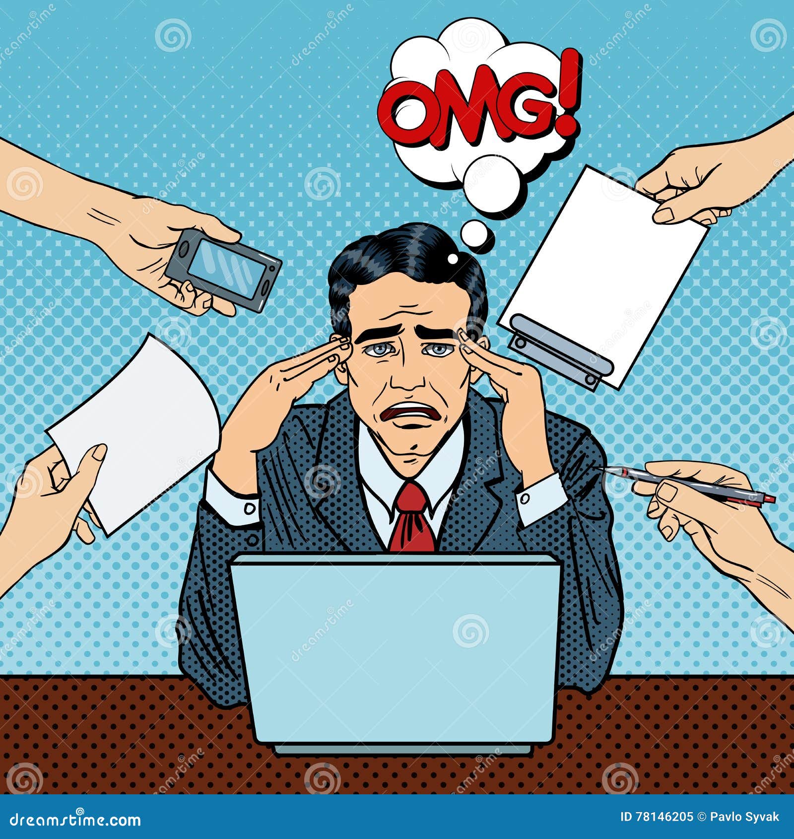 Stressed Multitasking Business Woman At Workplace. A Lot Of Things To ...