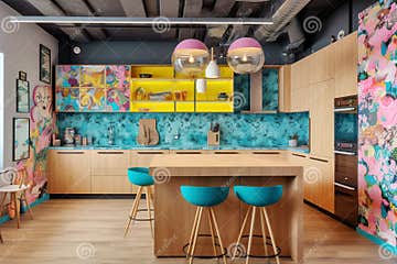 Pop Art Style Interior Design of Kitchen with Island, Dining Table and ...