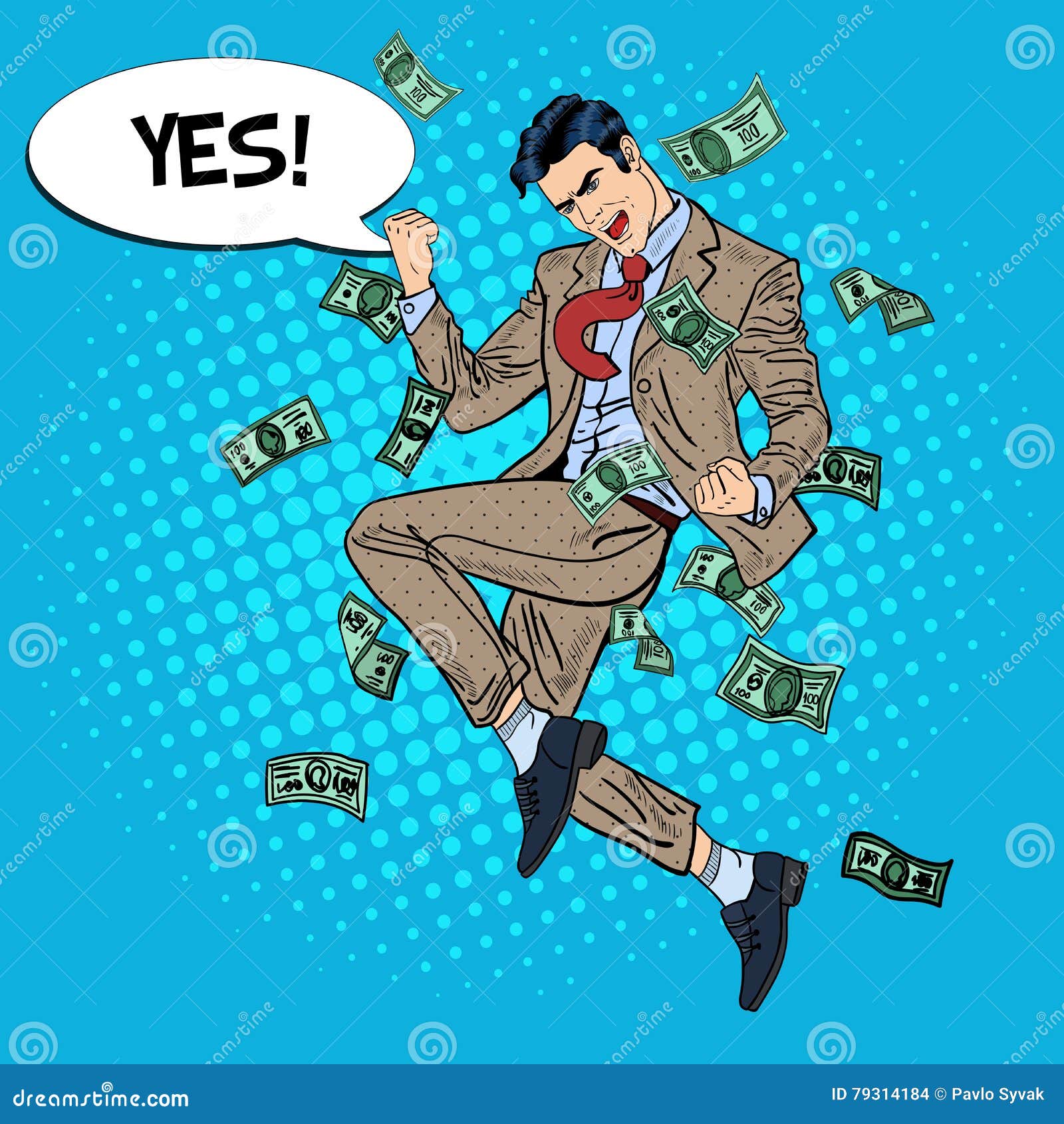 Pop Art Successful Businessman Jumping with Comic Speech Bubble Yes in ...