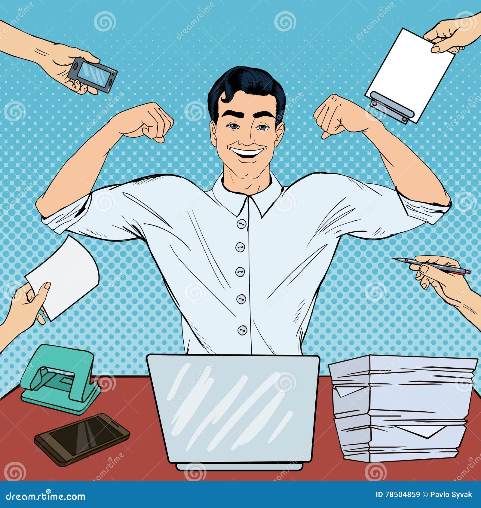 Pop Art Successful Multi Tasking Businessman with Laptop at Office Work ...