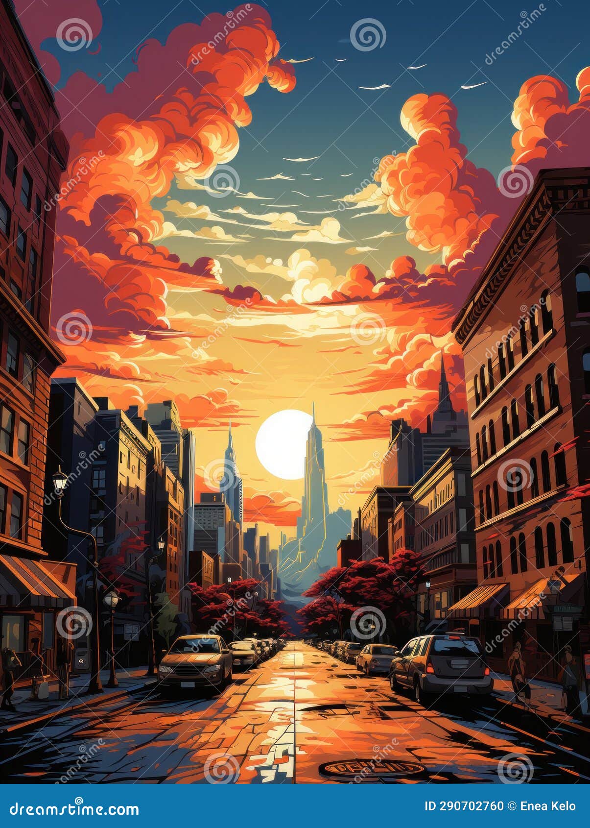 Pop Art Sunrise in the City Stock Illustration - Illustration of ...