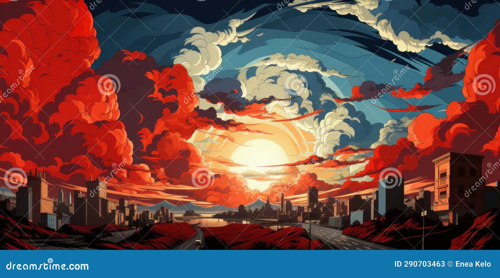 Pop Art Sunrise in the City Stock Illustration - Illustration of ...