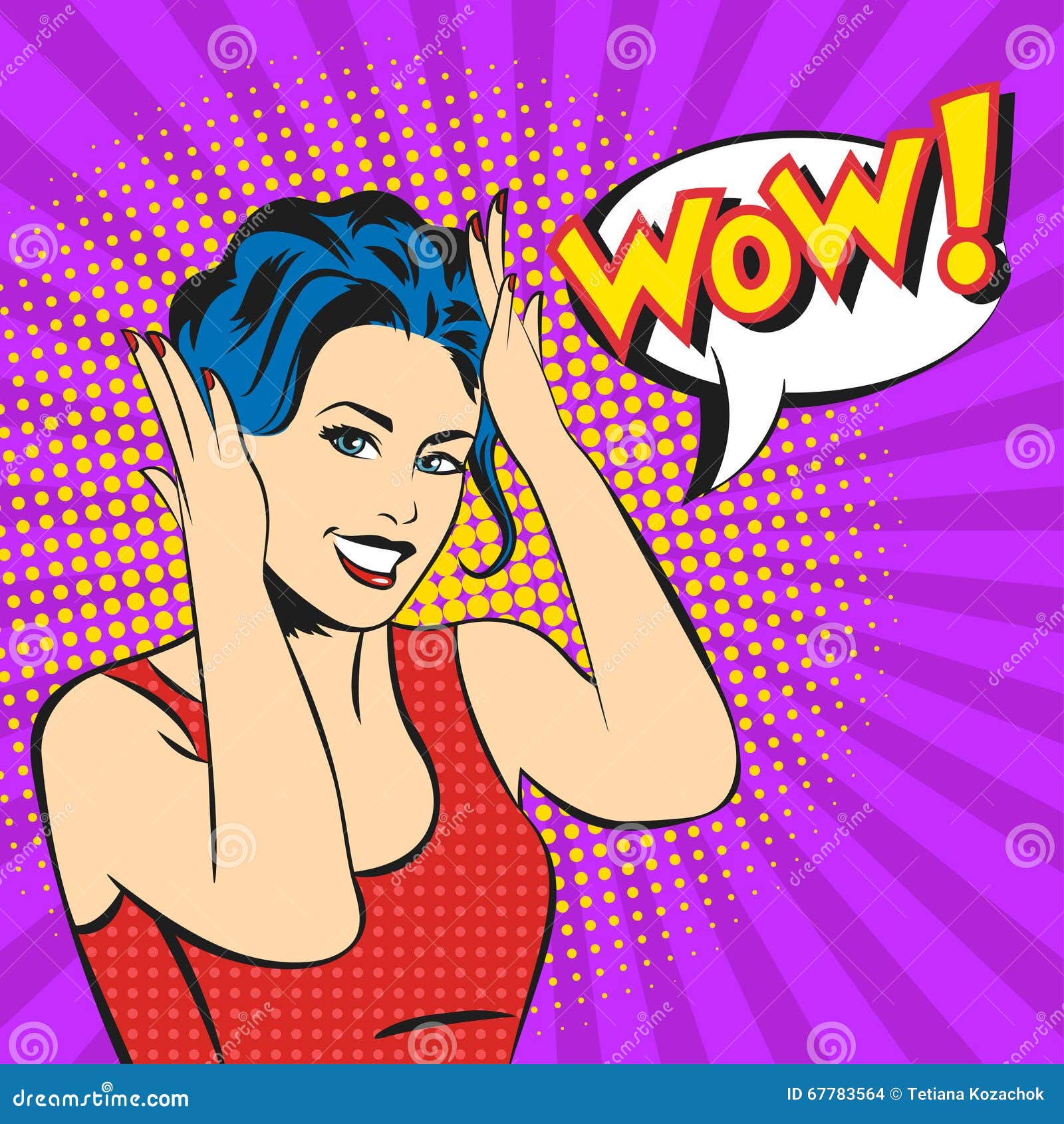 Pop Art Surprised Woman Face with Smile and a WOW Bubble Stock Vector ...