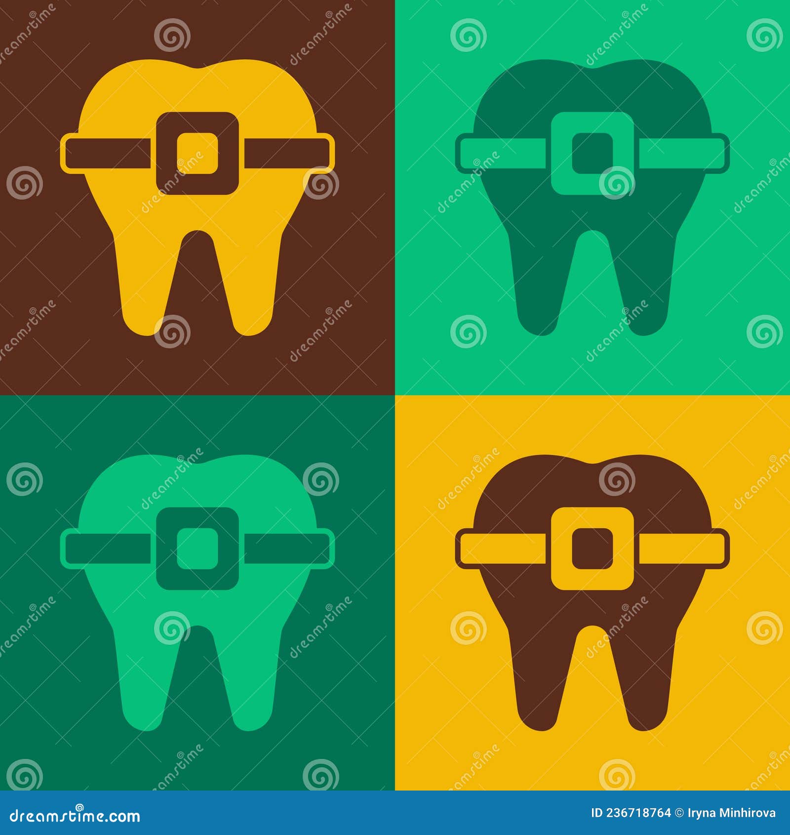 Pop Art Teeth with Braces Icon Isolated on Color Background. Alignment ...