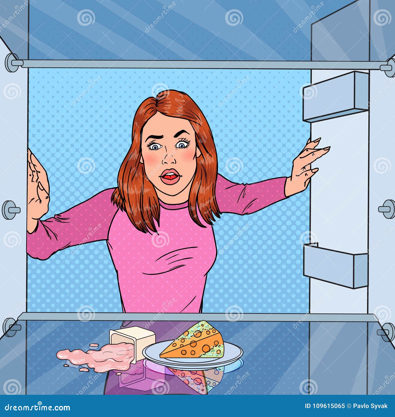 Hungry Woman Looks Into Empty Refrigerator And Is Surprised At Lack Of ...