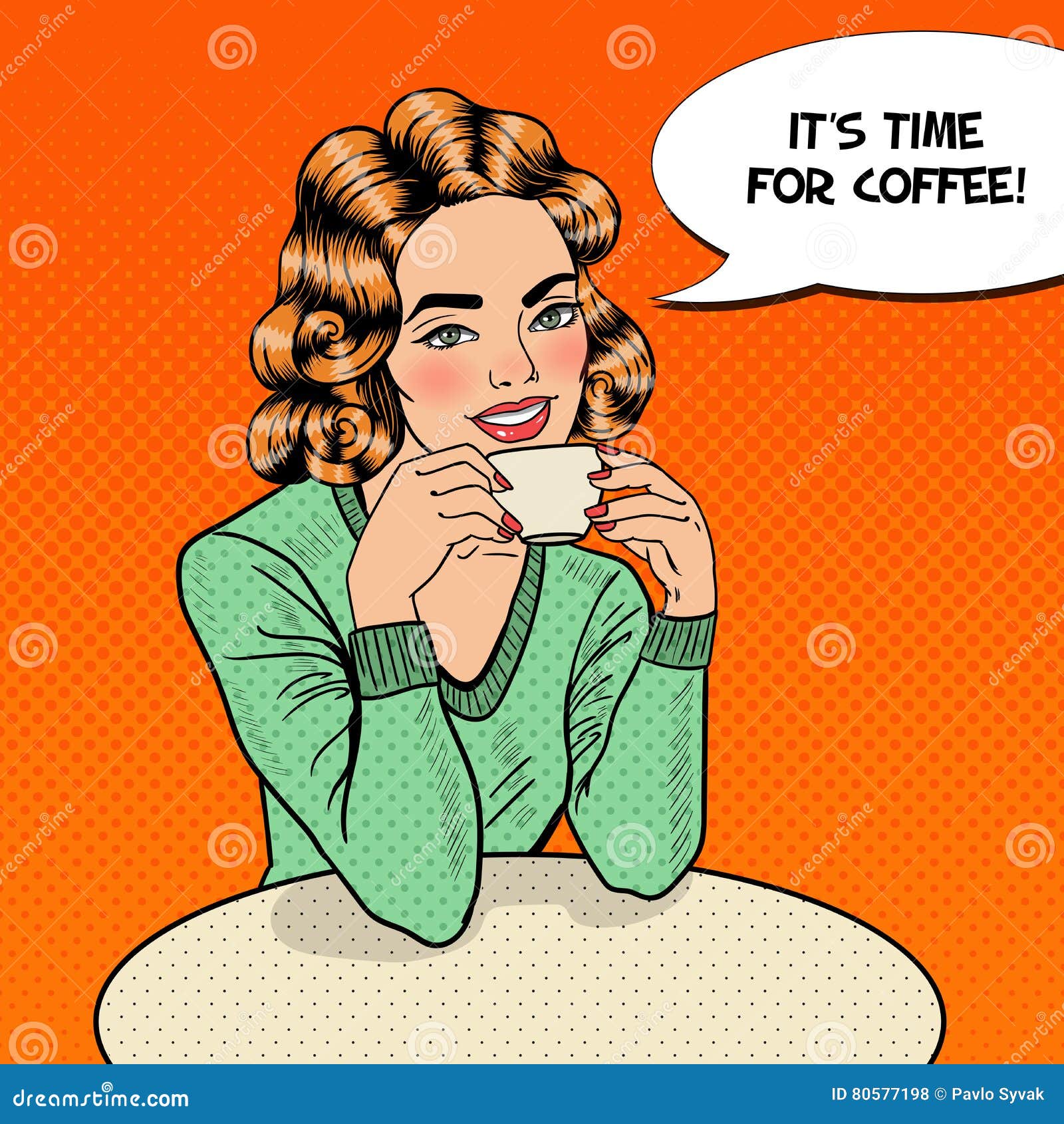 Pop Art Young Beautiful Woman Drinking Coffee In Cafe Stock Vector