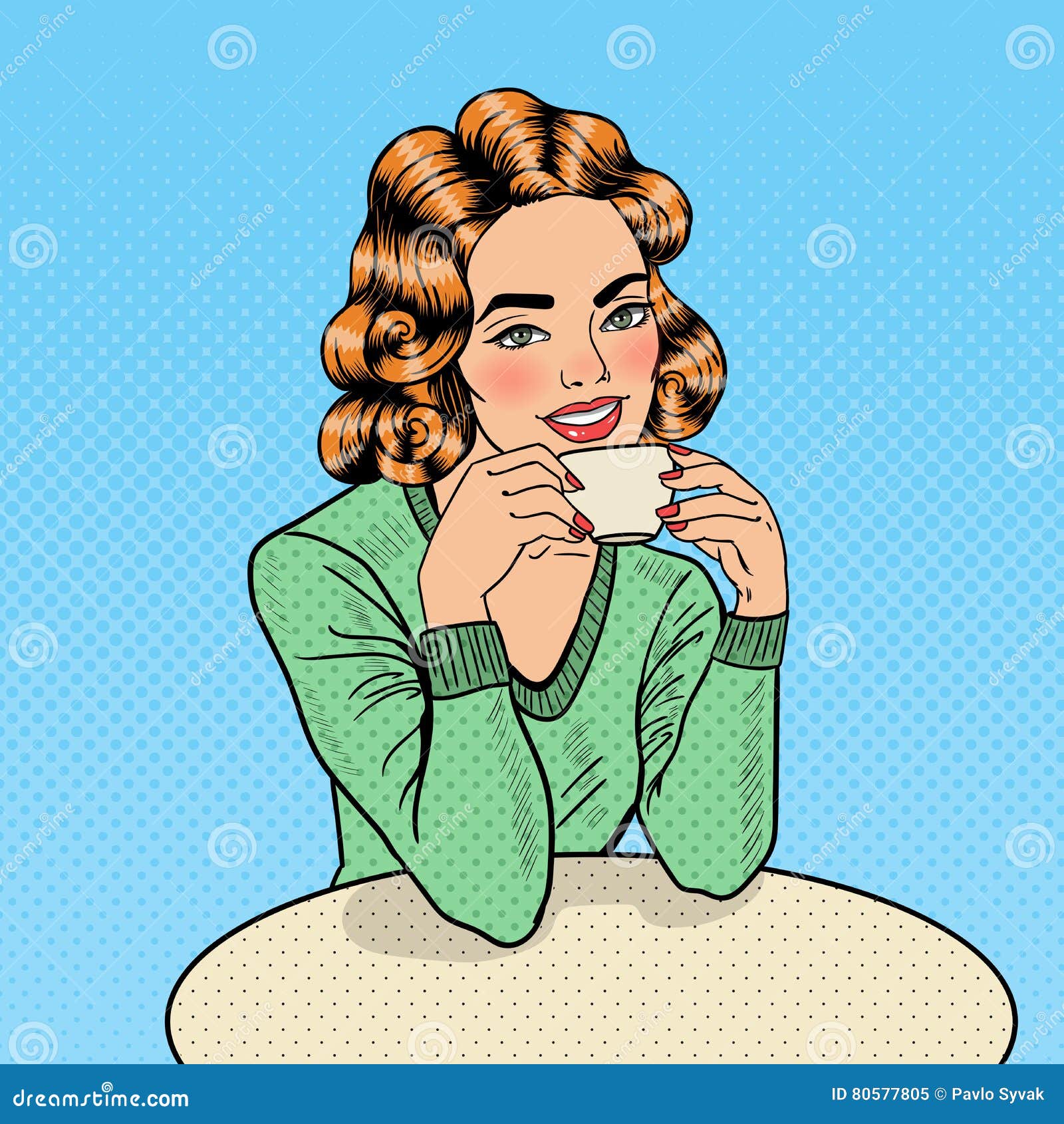 Pop Art Young Beautiful Woman Drinking Coffee In Cafe Stock Vector