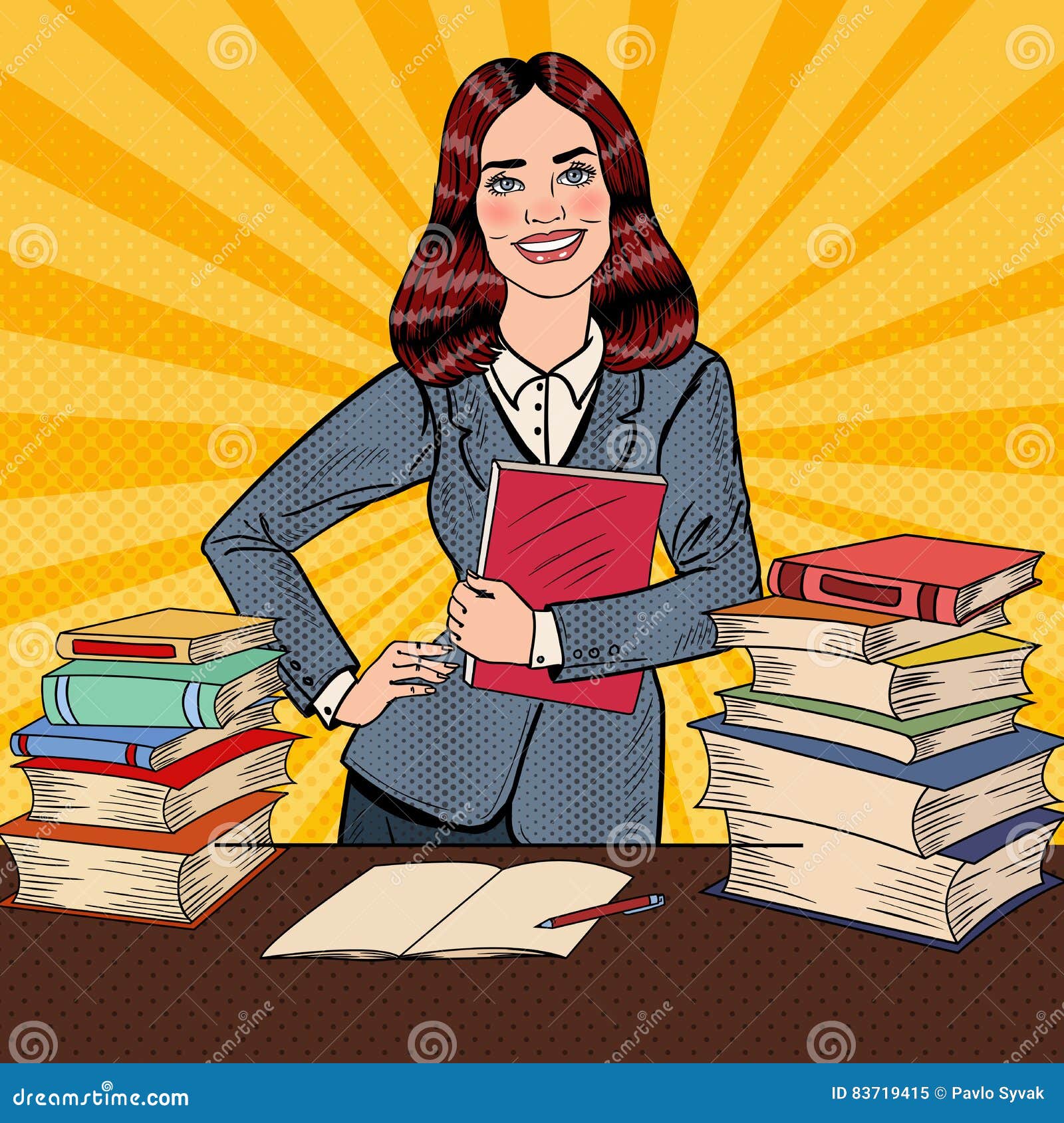 Pop Art Young Happy Woman Book Standing Front Library Table Stock ...