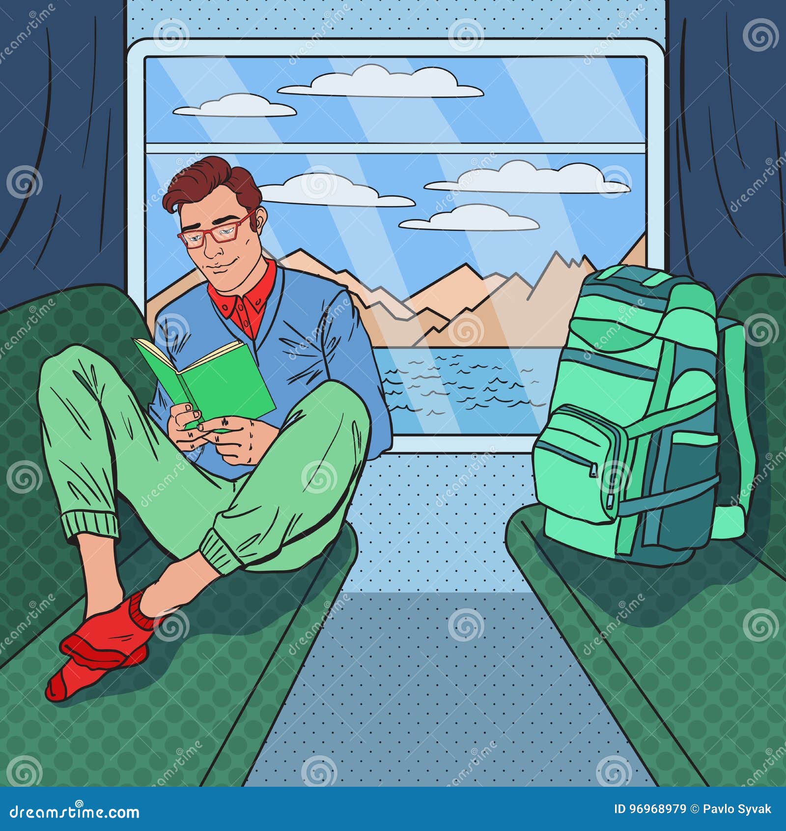 Pop Art Young Man Travelling by Train and Reading Book Stock Vector ...