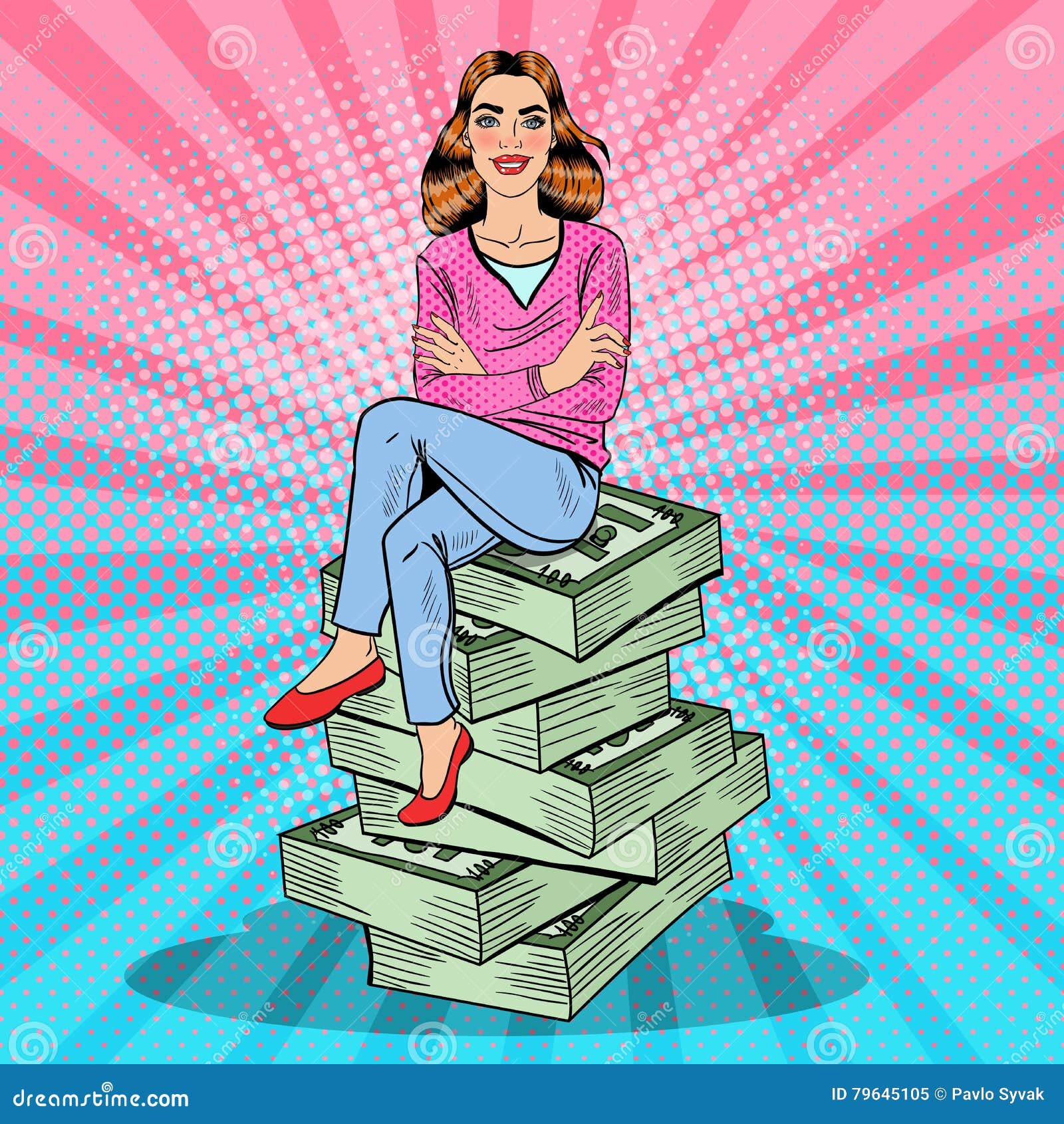 Young Rich Woman Swimming In Bath Tub Stuffed With Money. Successful ...