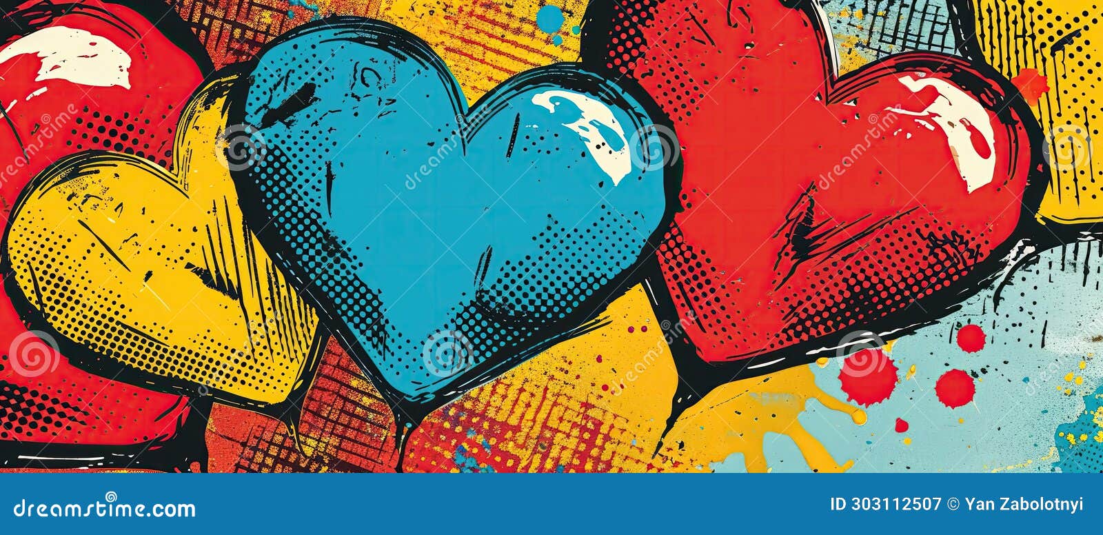 Pop Artstyle Comic Book Hearts in Bold Primary Colors Stock ...