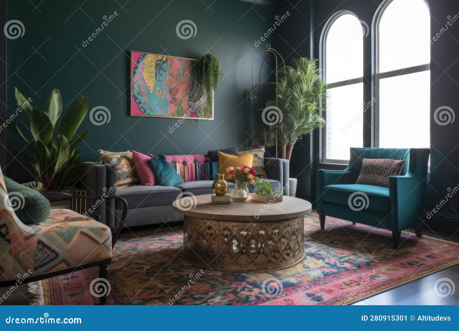 A Pop of Color in a Room with Drab Walls and Greenery Stock Image ...