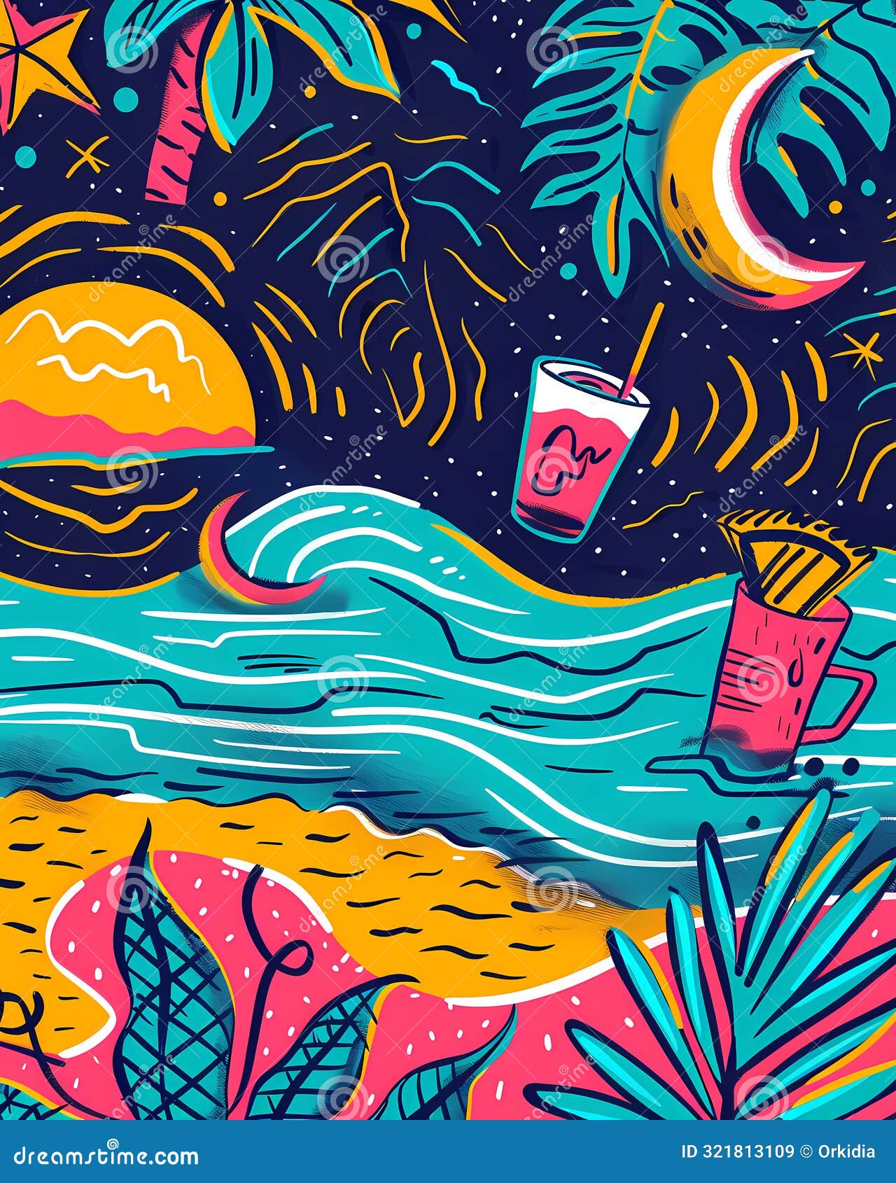 Pop Colors Summer Banner in Doodle Style Design Stock Illustration ...