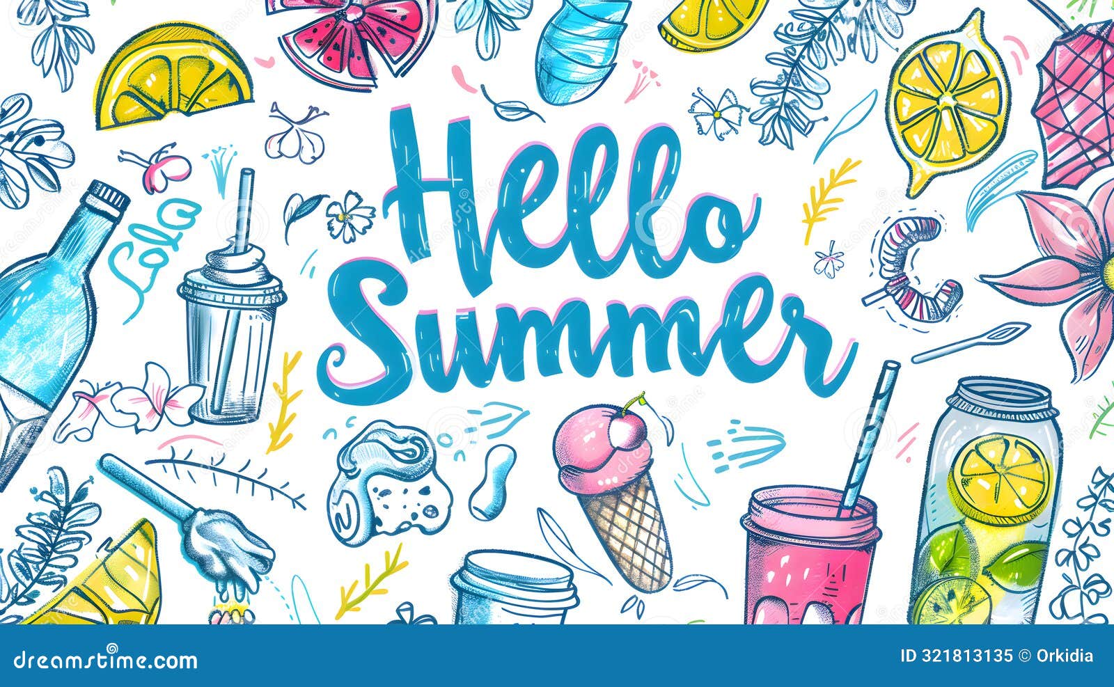 Pop Colors Summer Banner in Doodle Style Design Stock Illustration ...