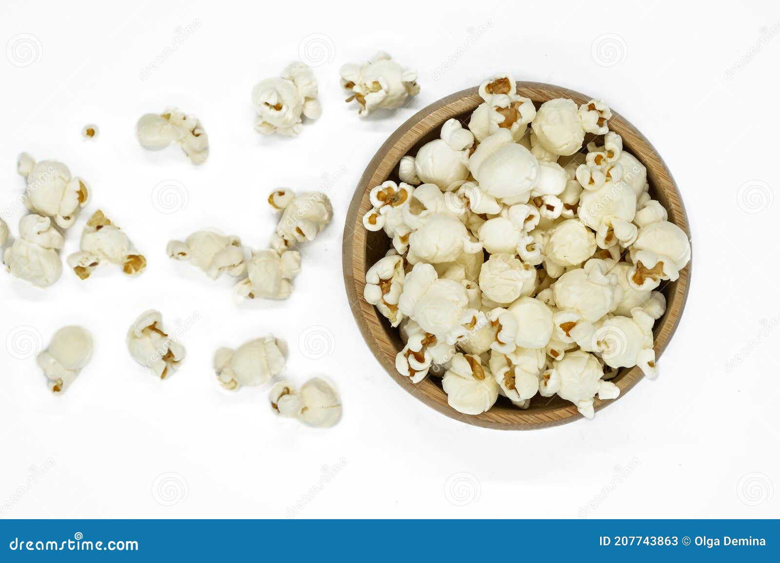 Pop Corn in Wooden Bowl with Spoon Isolated on a White Background Stock ...