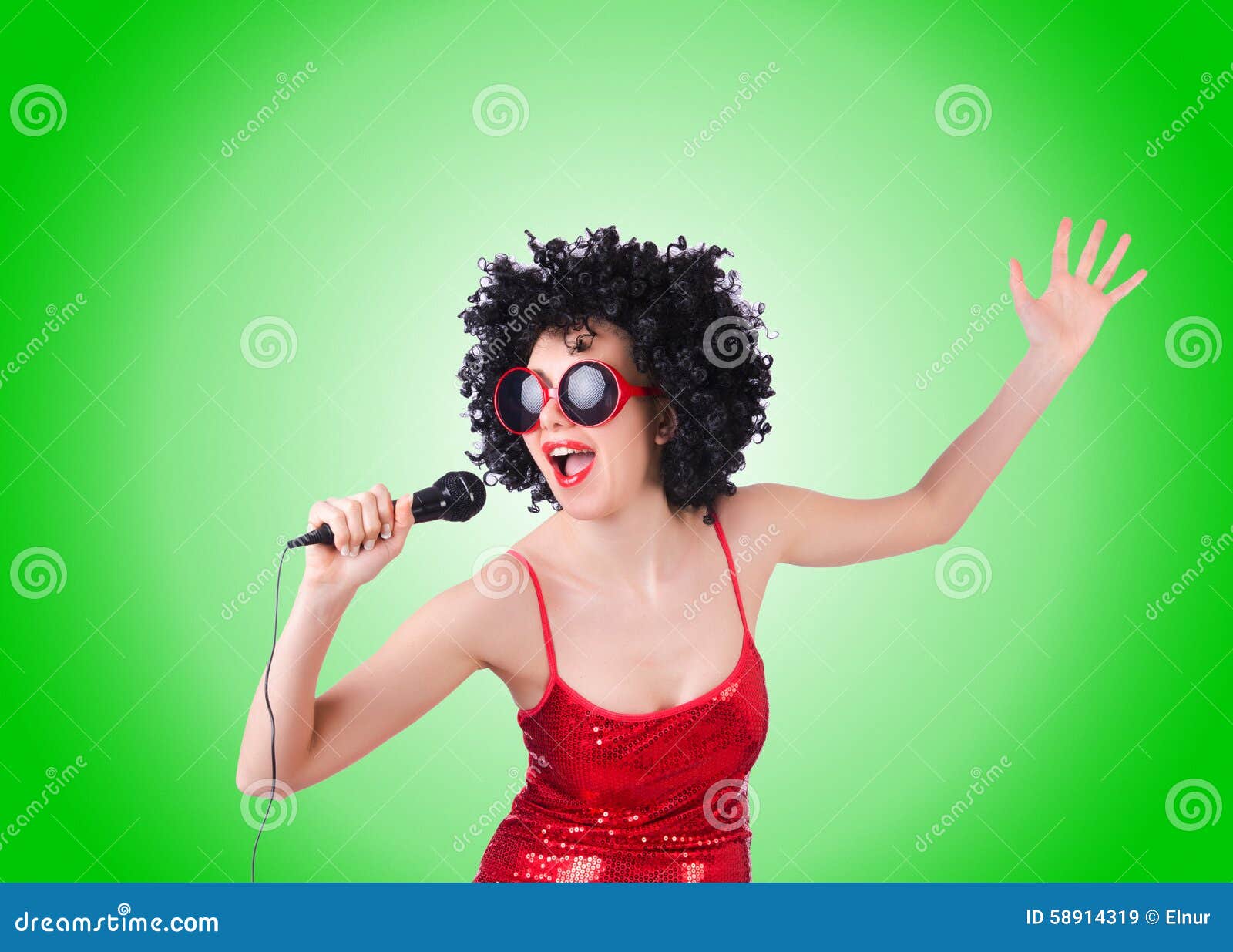Pop Star with Mic in Red Dress Against Gradient Stock Image - Image of ...