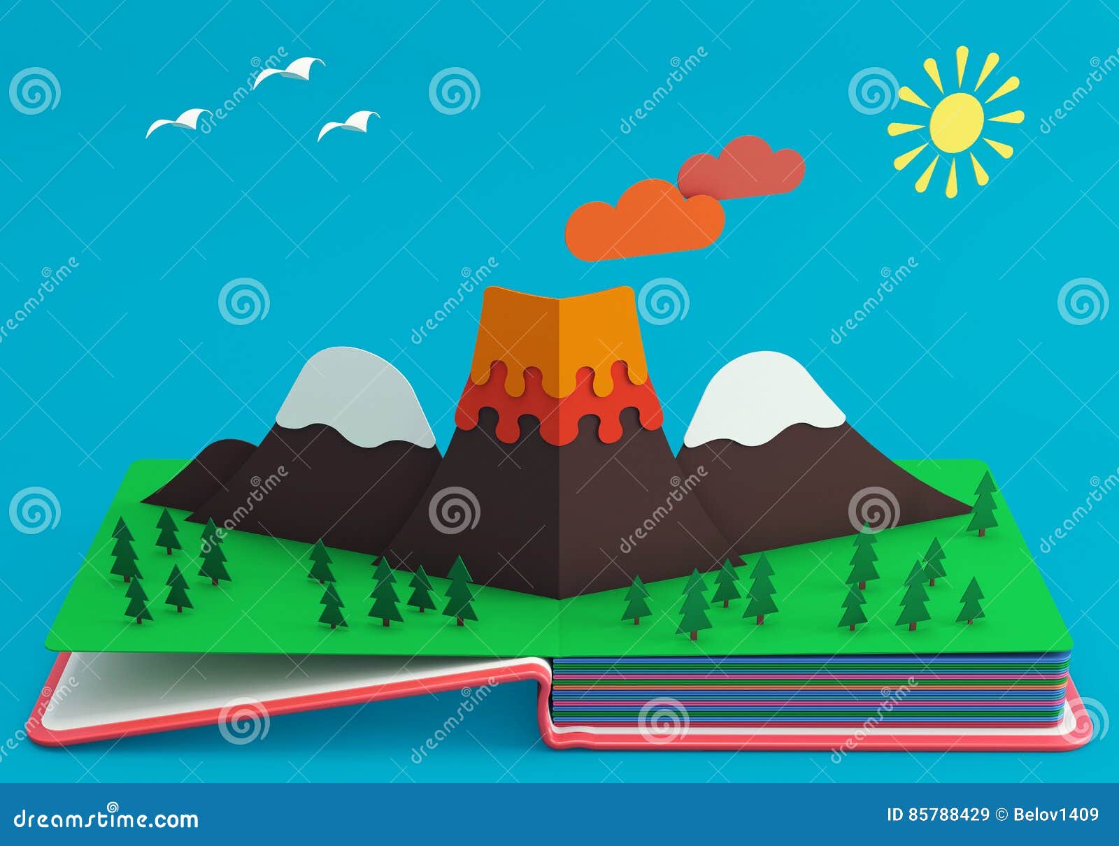 Pop Up Book with Mountainous Landscape and Active Volcano Stock ...