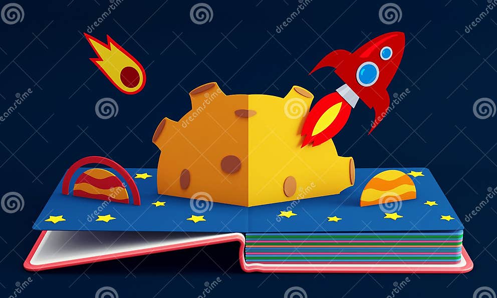 Pop Up Book with Rocket in Space Stock Illustration - Illustration of ...