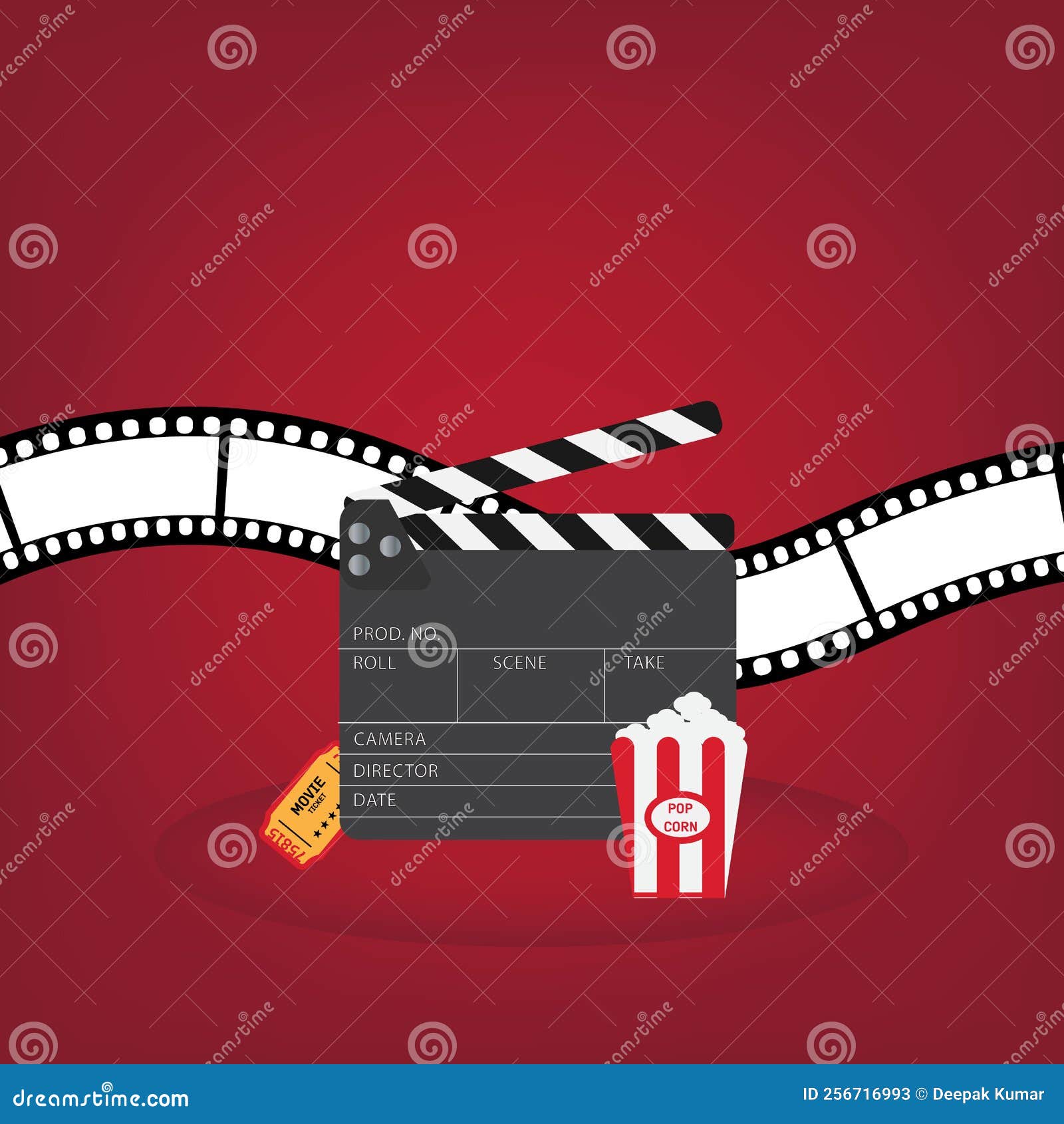 Popcorn Box Film Strip, Clapper Board and Ticket Stock Vector ...