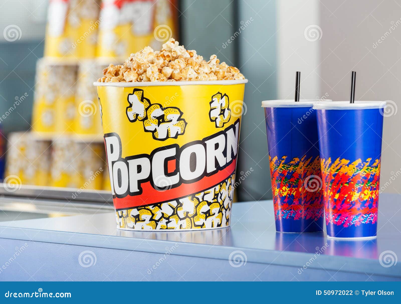 Popcorn Bucket with Drinks on Concession Counter Stock Photo - Image of ...
