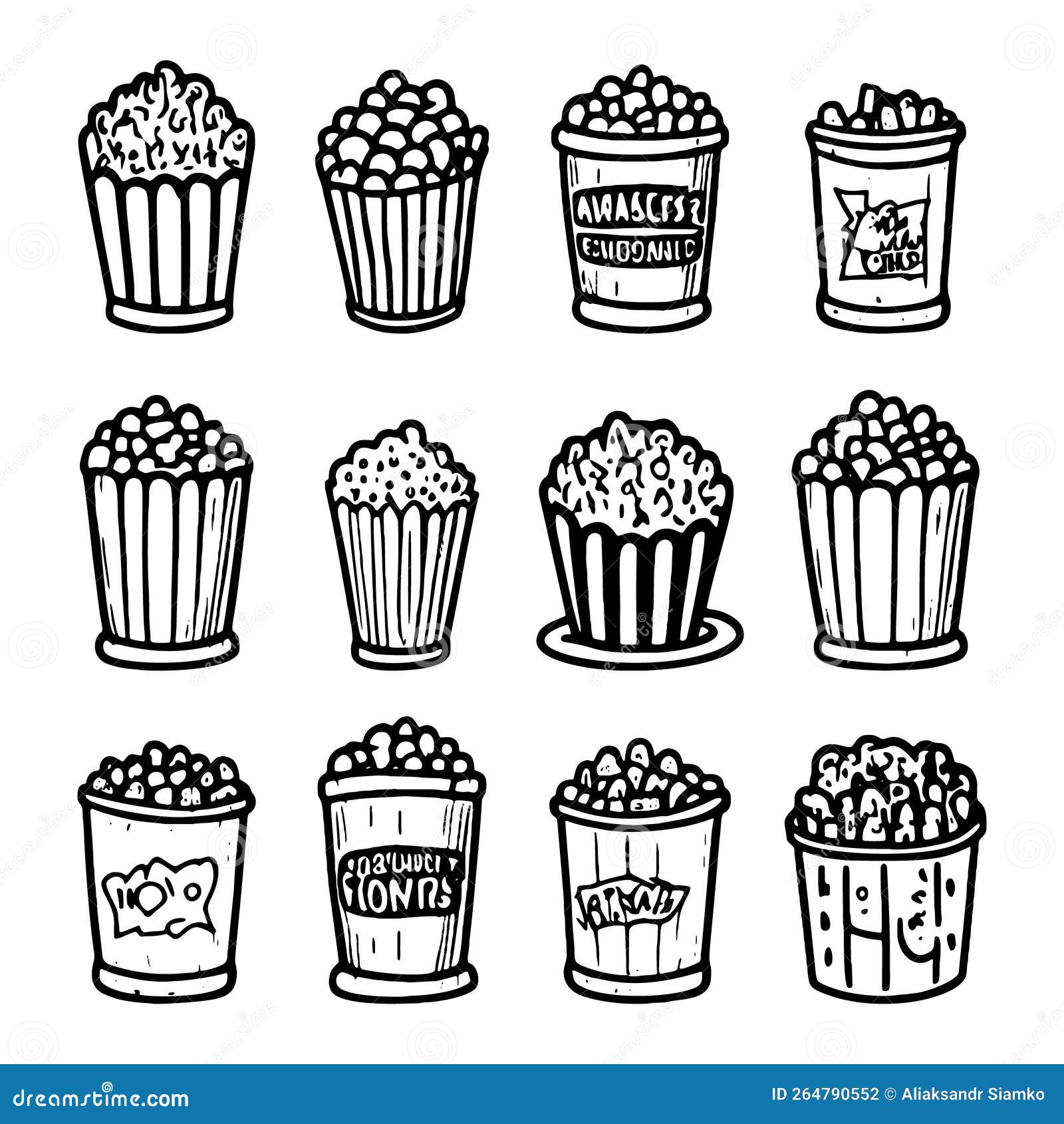 Popcorn Buckets Sketch Hand Drawn Set Stock Vector - Illustration of ...
