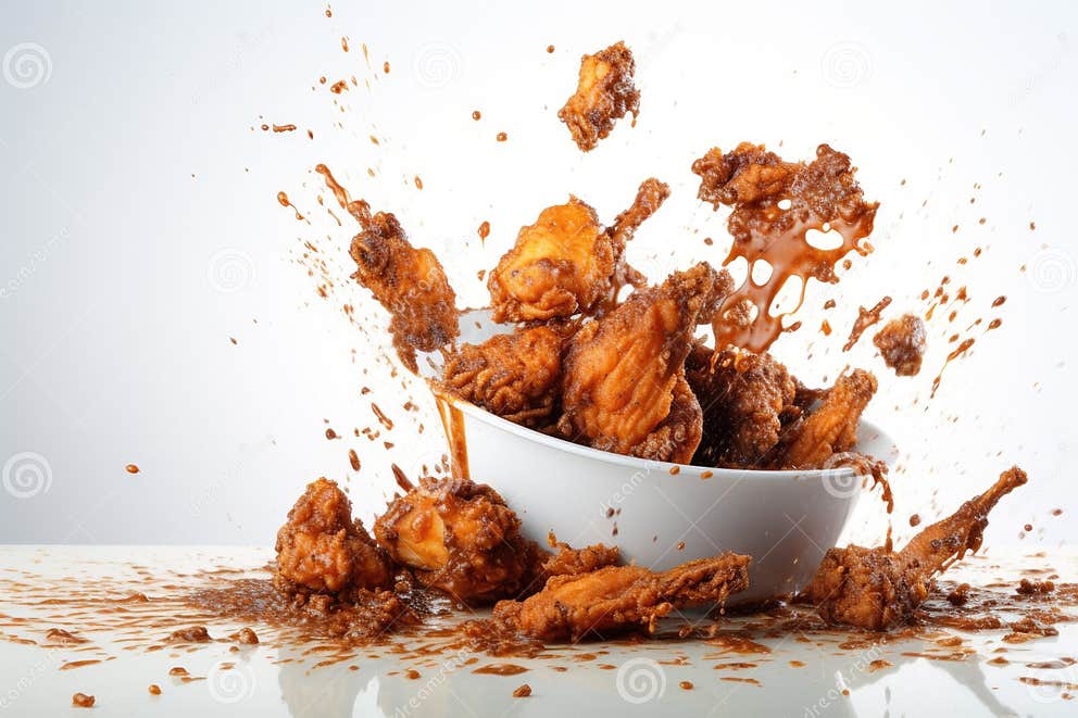 Popcorn Chicken Fried in Container Exploding and Flying on White ...