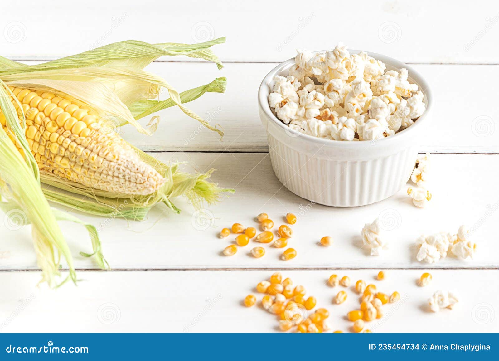Popcorn, Corn Cob and Corn Grains on White Background Stock Photo ...