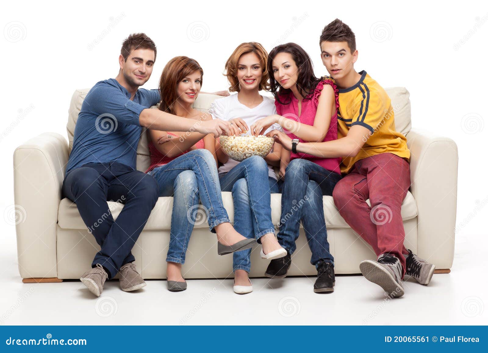 Popcorn eating friends stock image. Image of happy, living - 20065561