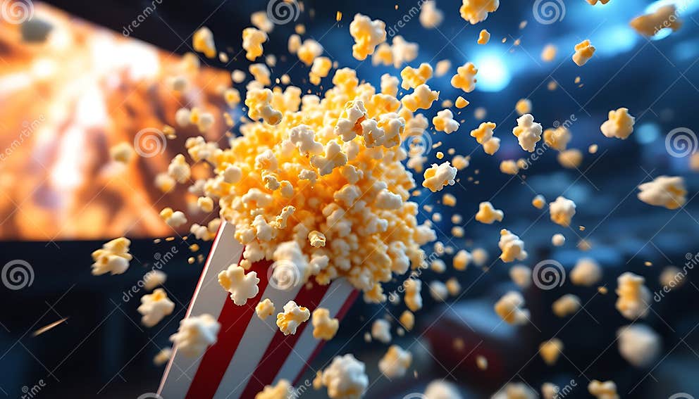 Popcorn Exploding from Container in Front of Blurred Tv Screen Stock ...