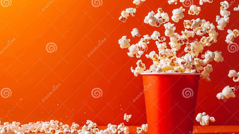 Popcorn Exploding from Red Cup on Vivid Orange Background, Dynamic and ...