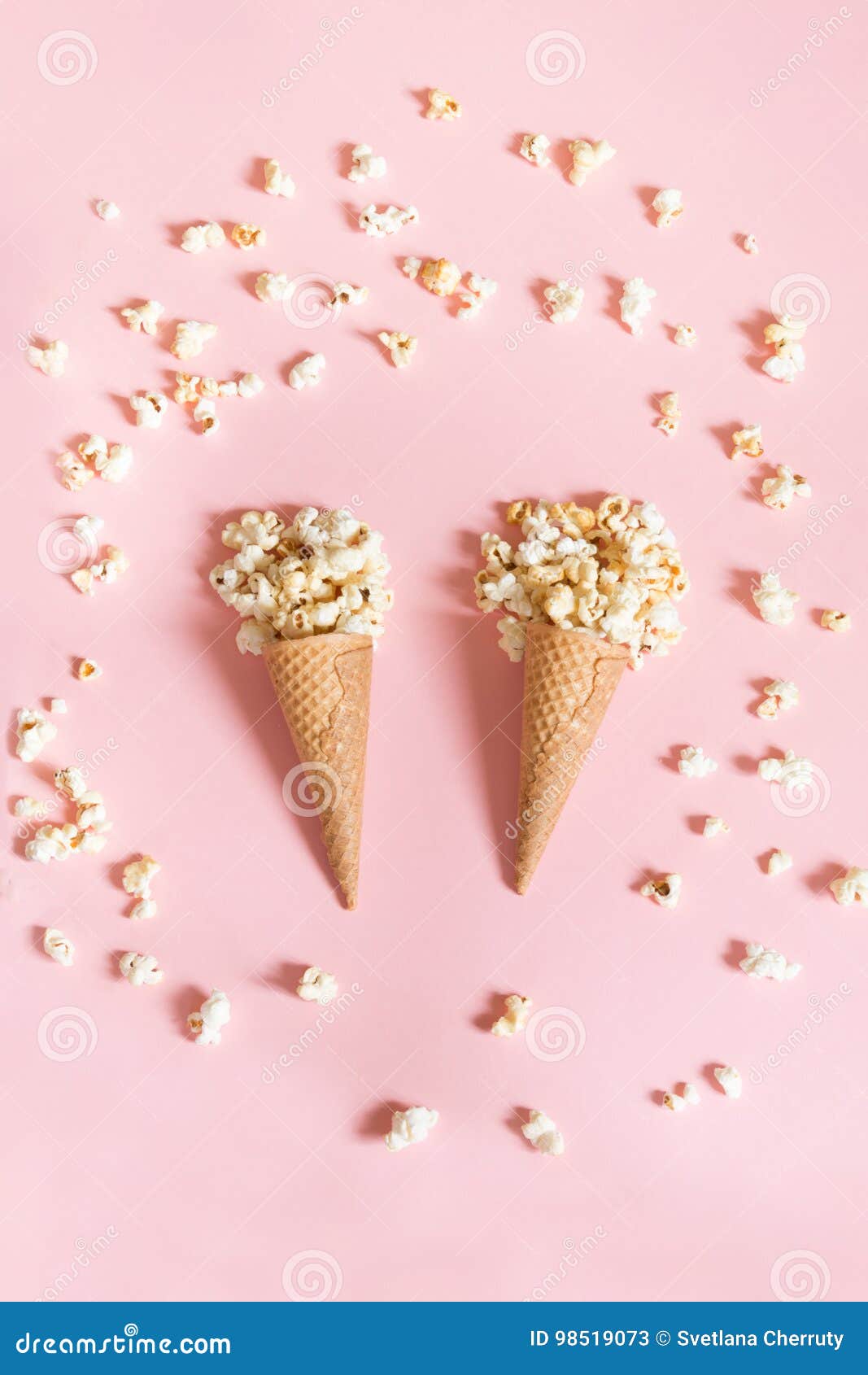 Popcorn in Ice Cream Cones on Pink Background. Top View Stock Image ...