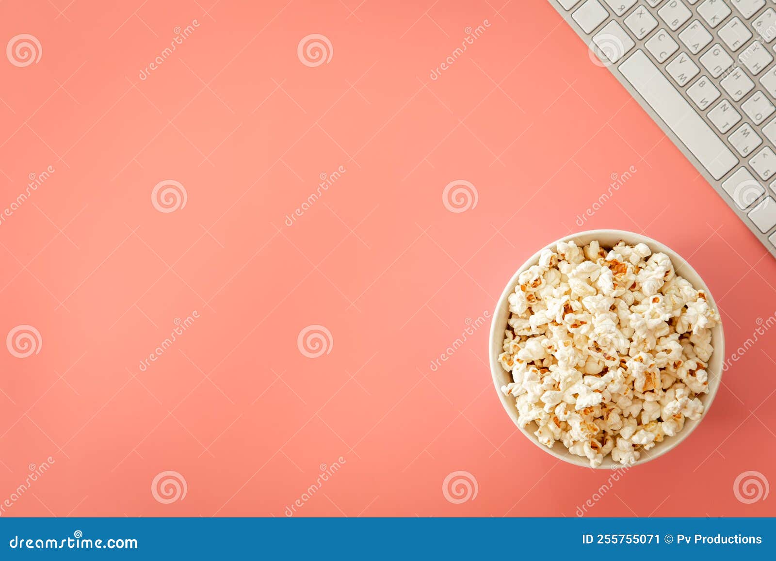 Popcorn and Keyboard on Pink Background, Flat Lay. Stock Image - Image ...