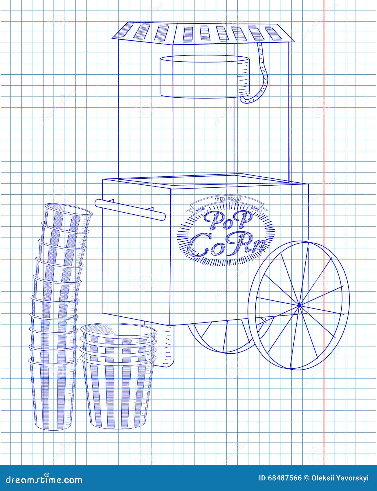 Popcorn Machine on on Wheels. Stack of Small & Big Popcorn Boxes Stock ...