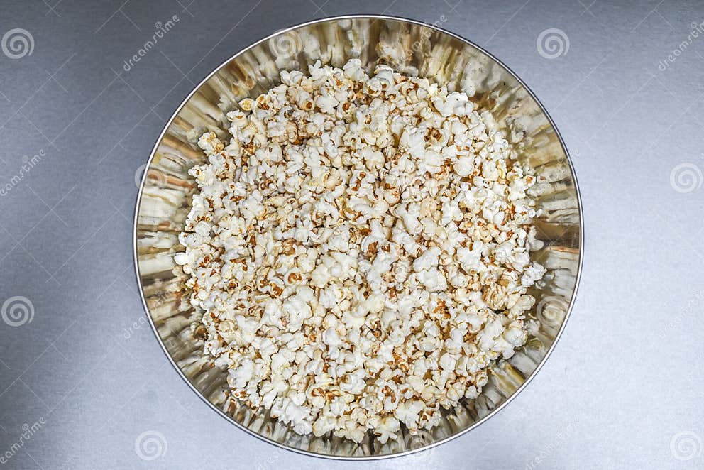 Popcorn in Metal Circle Bowl. Stock Image - Image of white, blue: 93345147