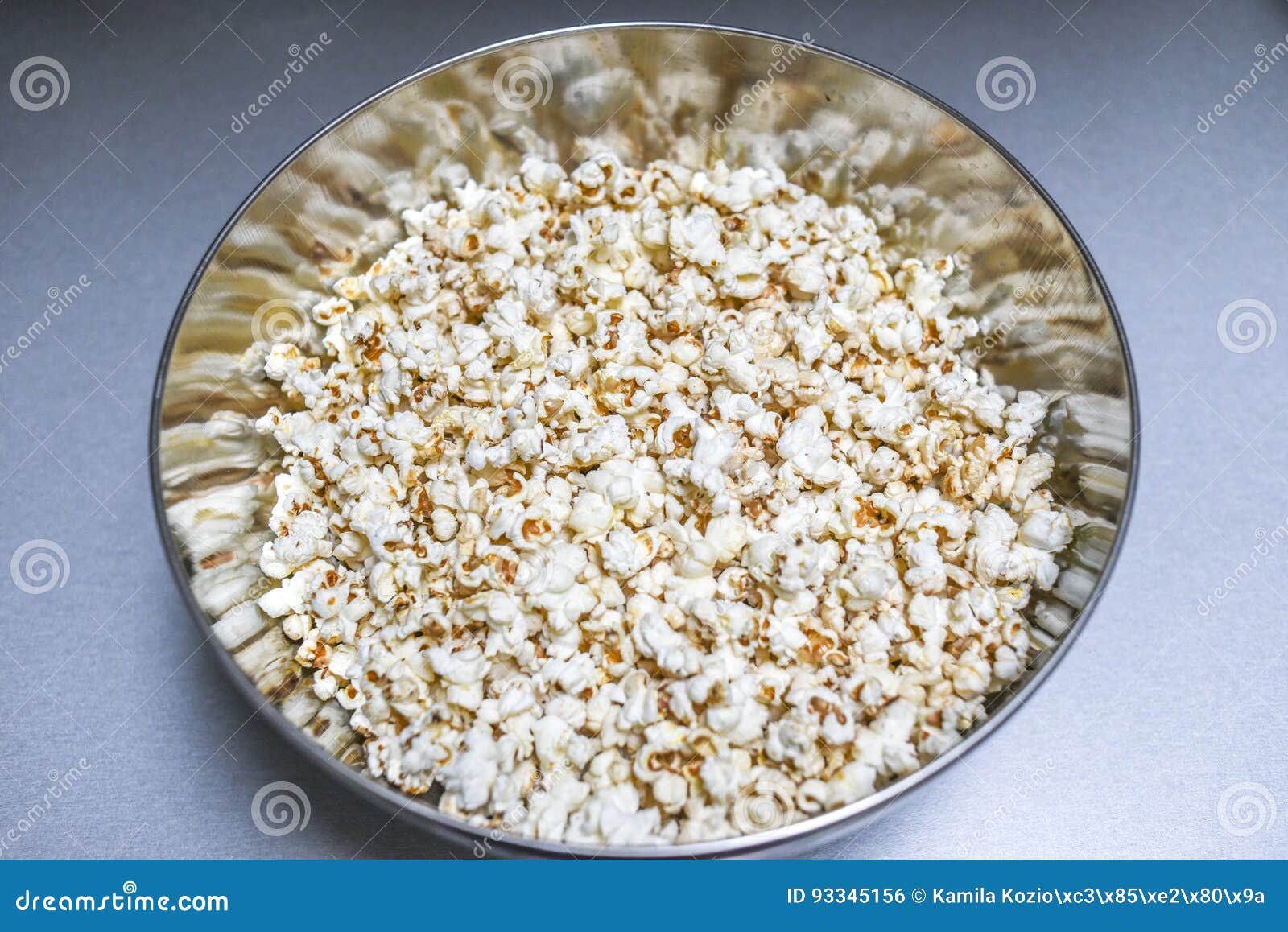 Popcorn in Metal Circle Bowl. Stock Photo - Image of wooden, view: 93345156