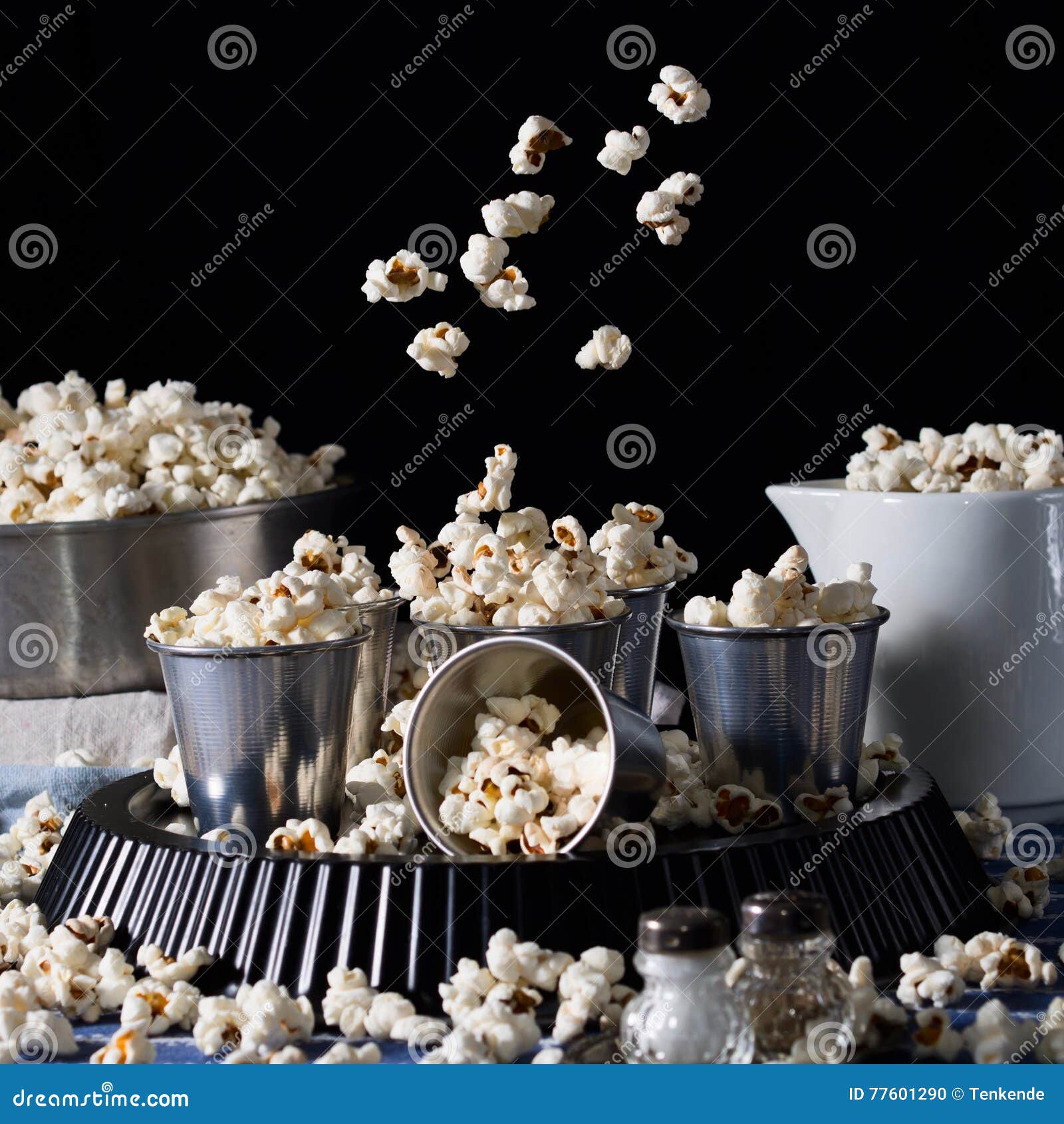 Popcorn in Motion on Black Background Stock Photo - Image of corn ...