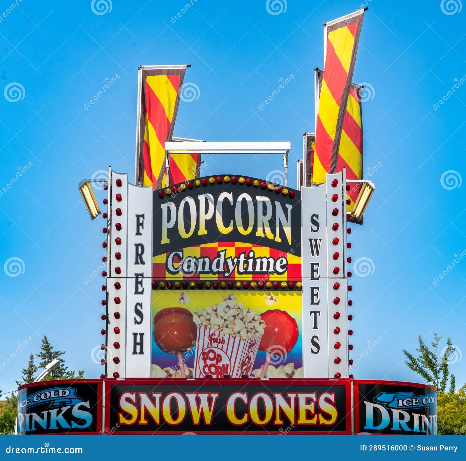 Popcorn and Snow Cones Sign Blue Sky Stock Photo - Image of leisure ...