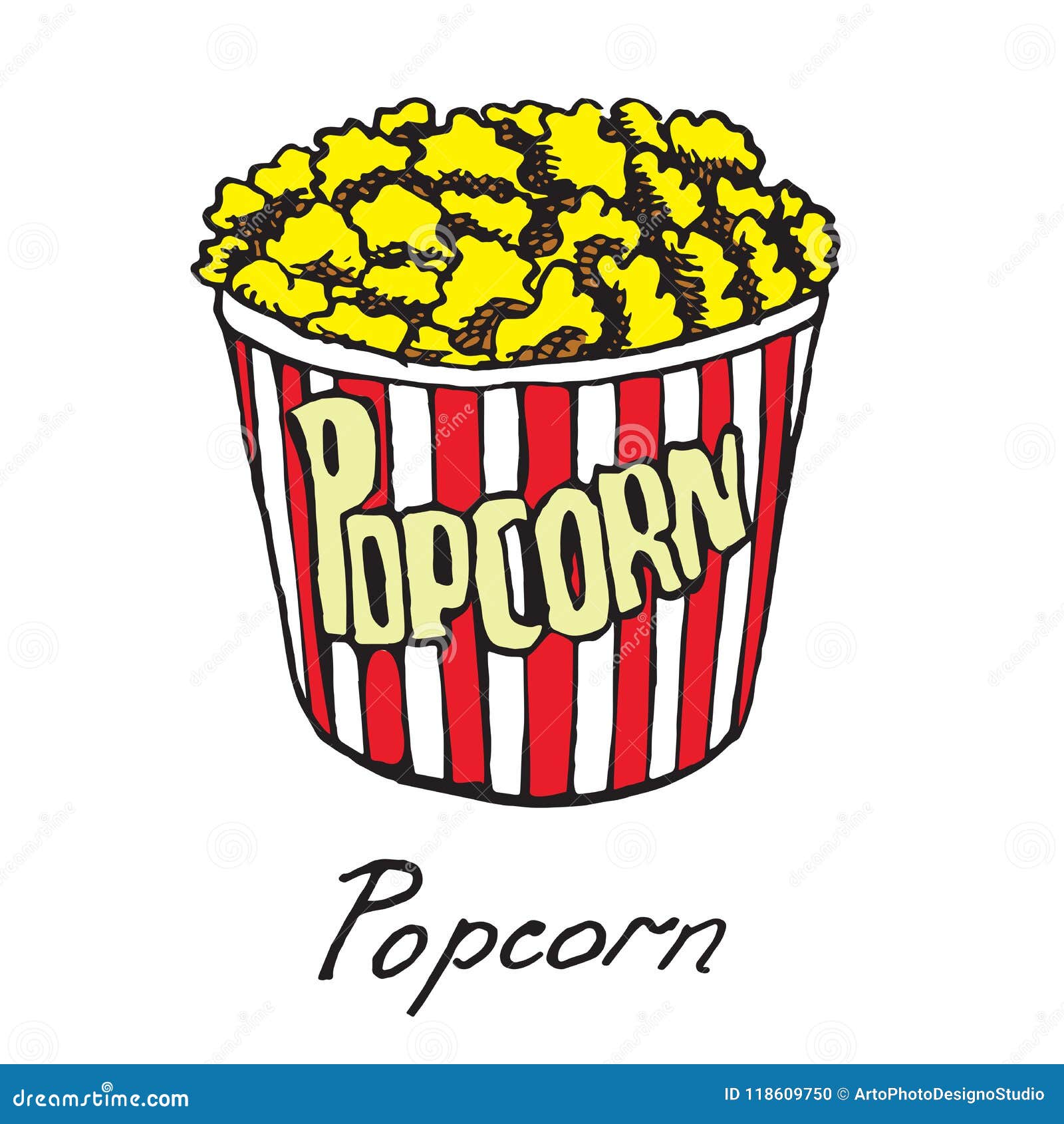 Popcorn in Striped Box, Hand Drawn Doodle Stock Vector - Illustration ...