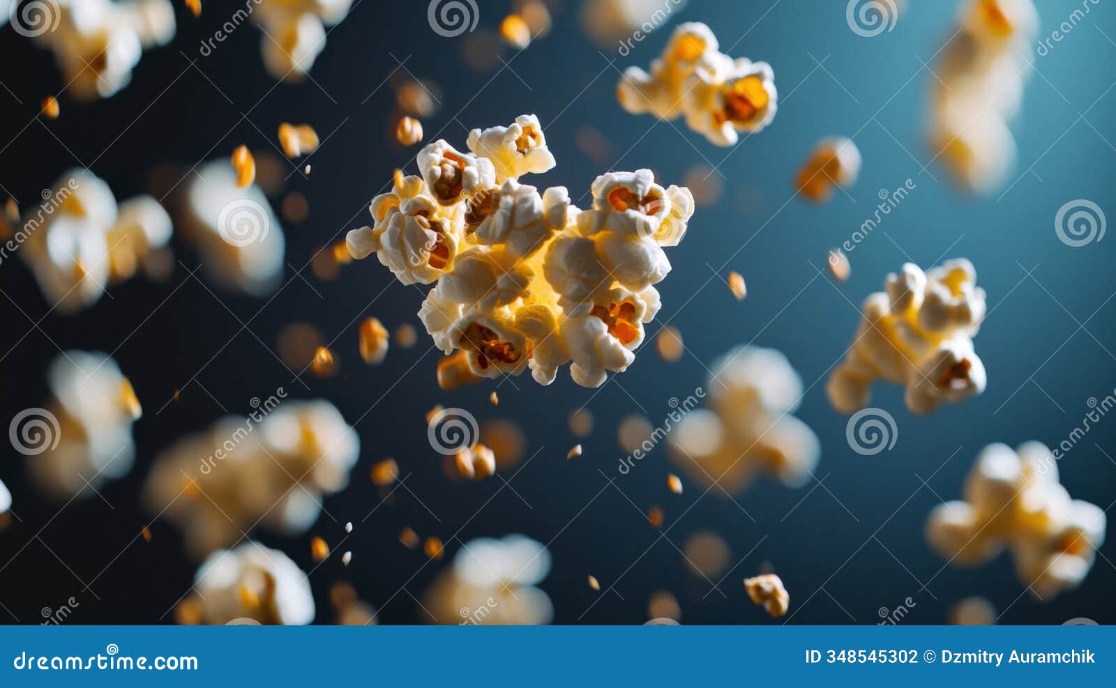 Popcorn Suspended in Air, Particles Moving, Set Against a Black ...