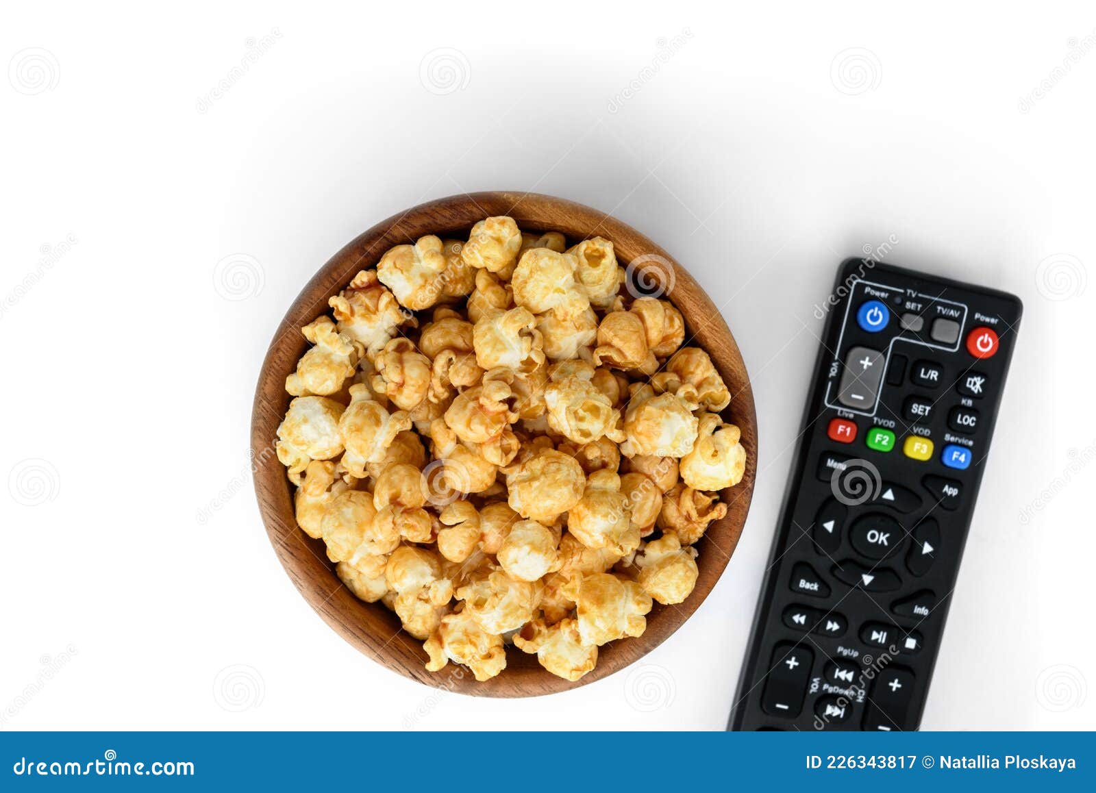 Popcorn and TV Remote Control Isolated on White Background. Stock Image ...